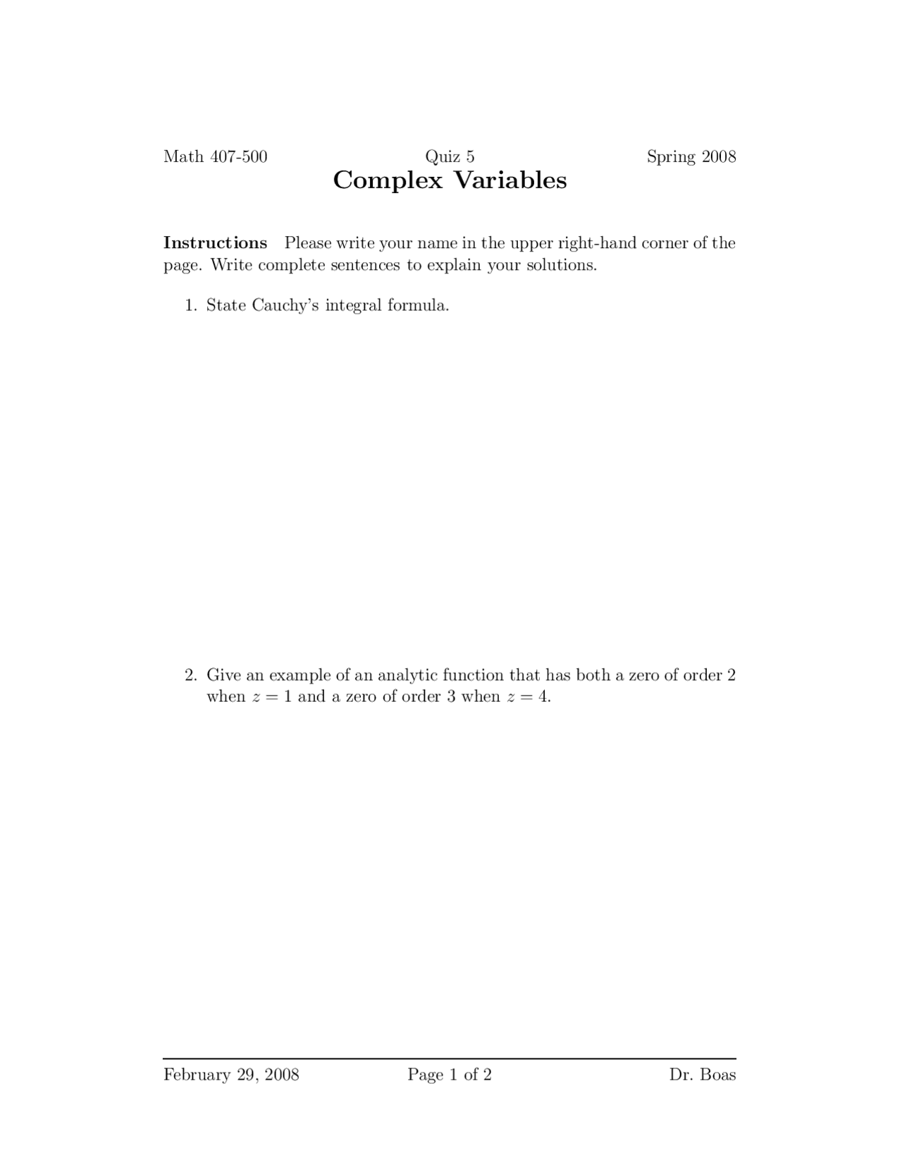 State Cauchy's Integral Formula - Quiz 5 - Complex Variables | MATH 407 - Docsity