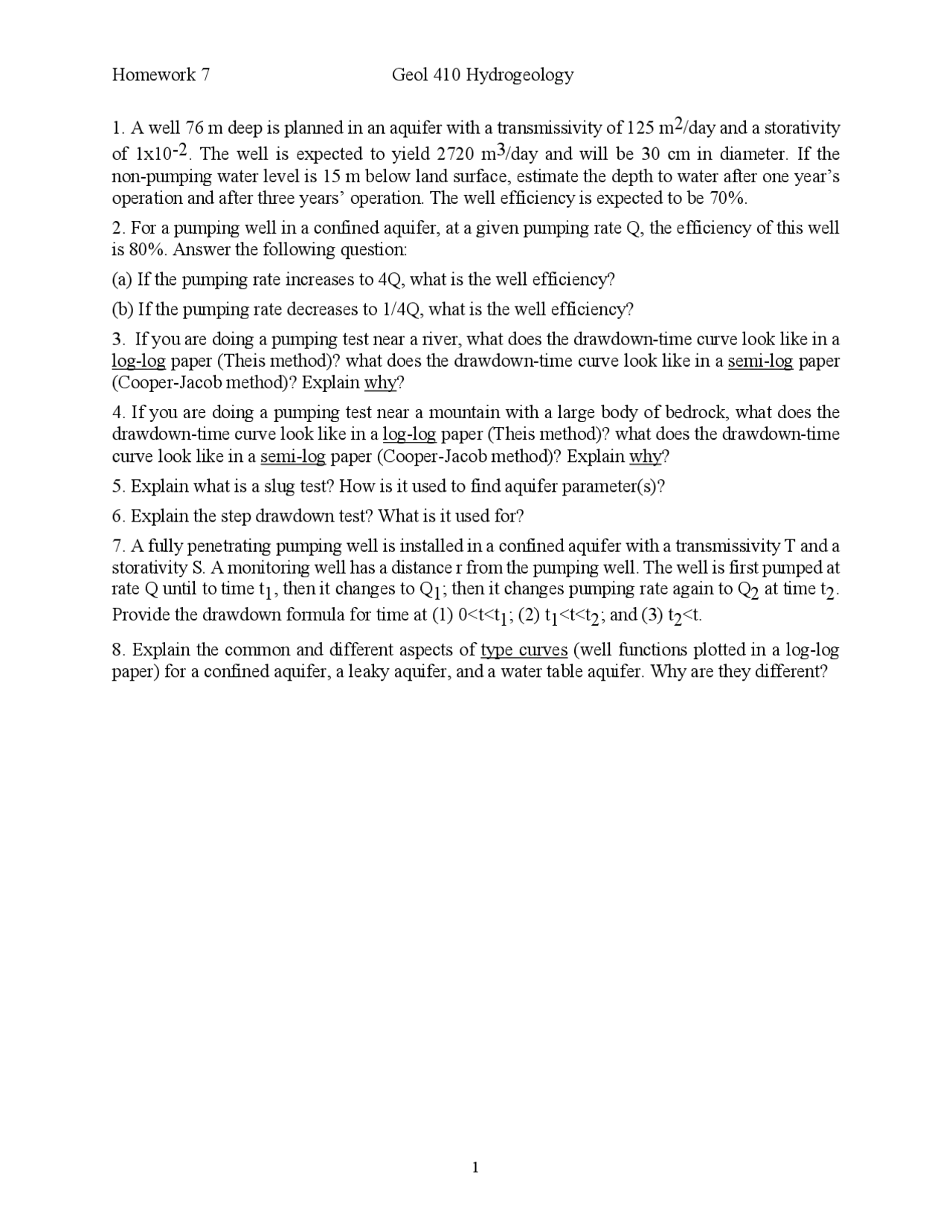 Assignment 7 For Hydrogeology 8 Questions Geol 410 Docsity