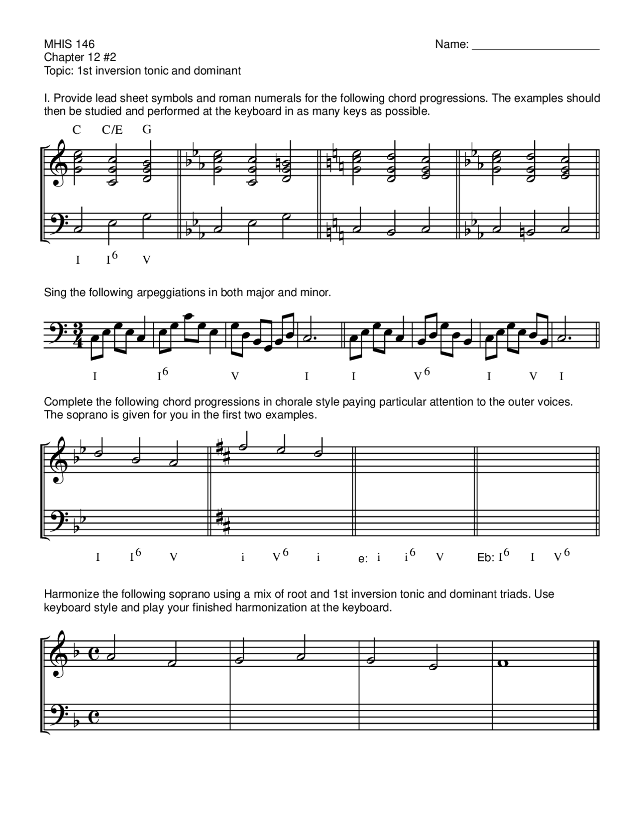 First Inversion Tonic And Dominant Assignment 2 Mhis 146 Docsity