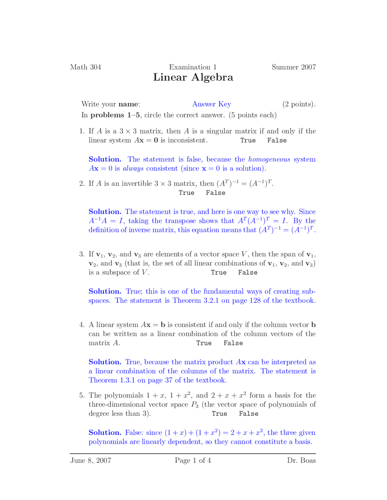 Practice Exam 1 - Linear Algebra - Fall 2007 | MATH 304 - Docsity