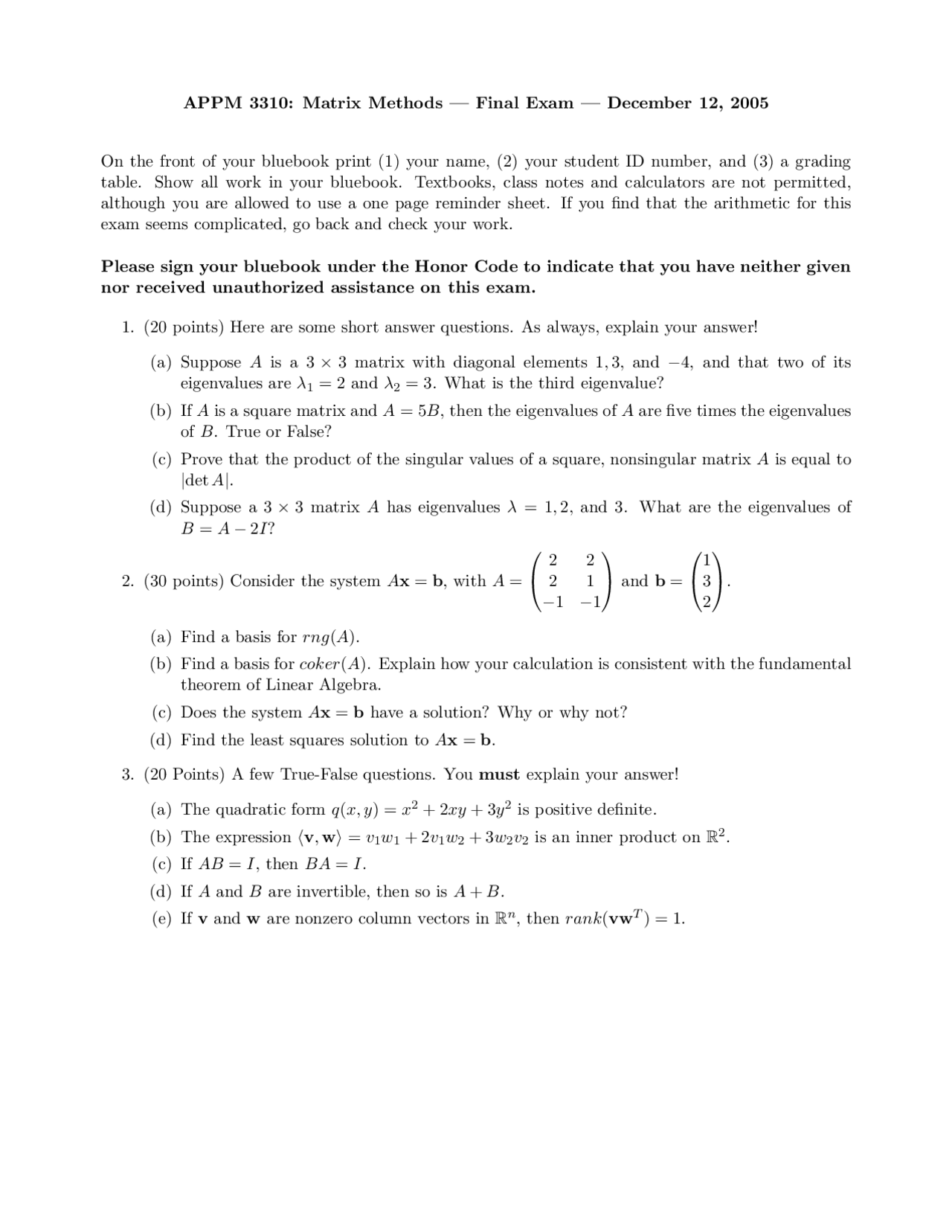 Final Exam Questions Matrix Methods And Applications 2005 Appm 3310