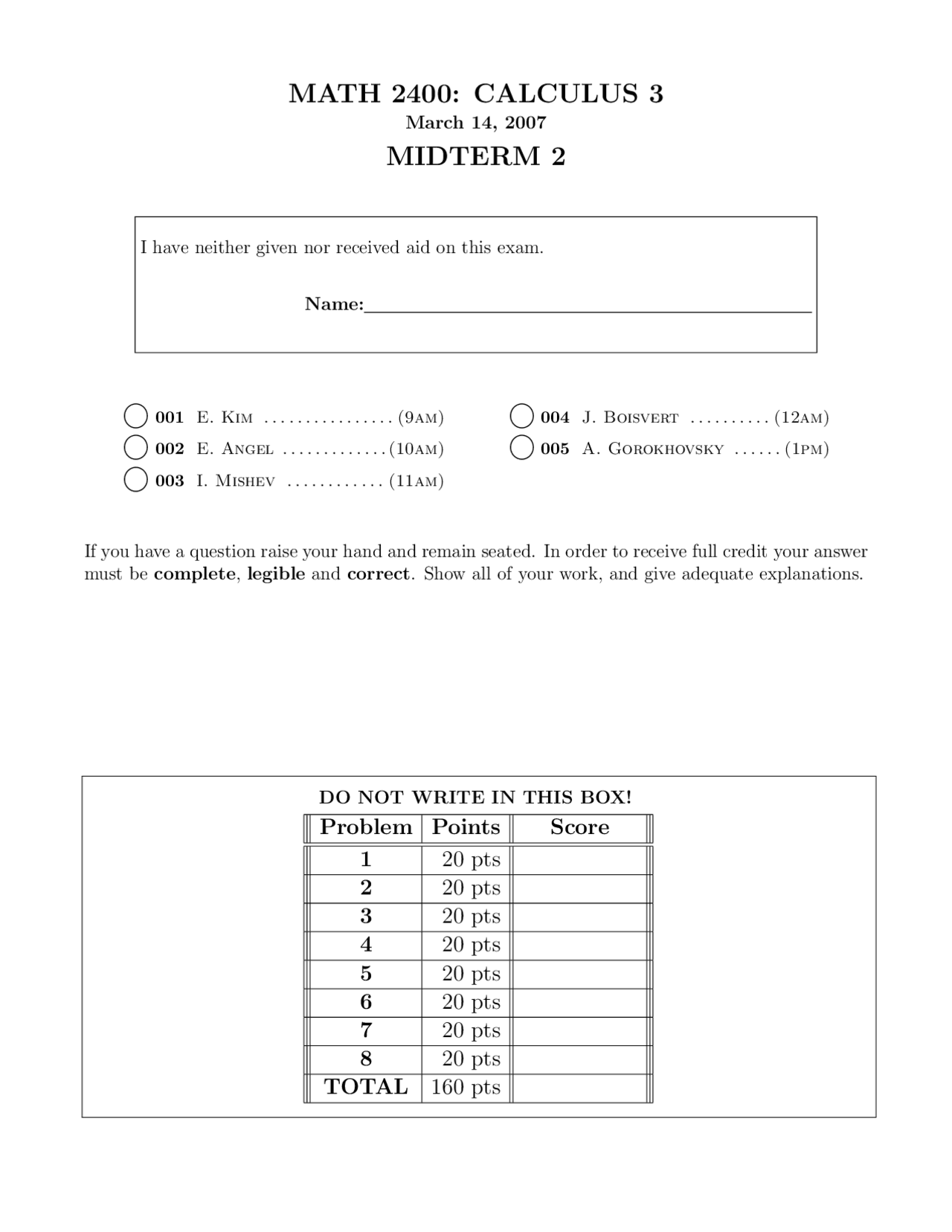 Questions Of Analytic Geometry And Calculus 3 Exam 3 Math 2400
