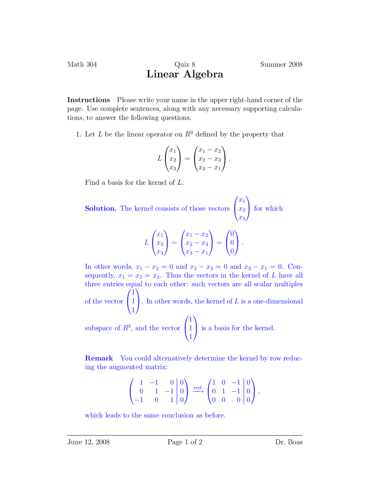 Solved Questions For Quiz 8 Linear Algebra Math 304 Docsity