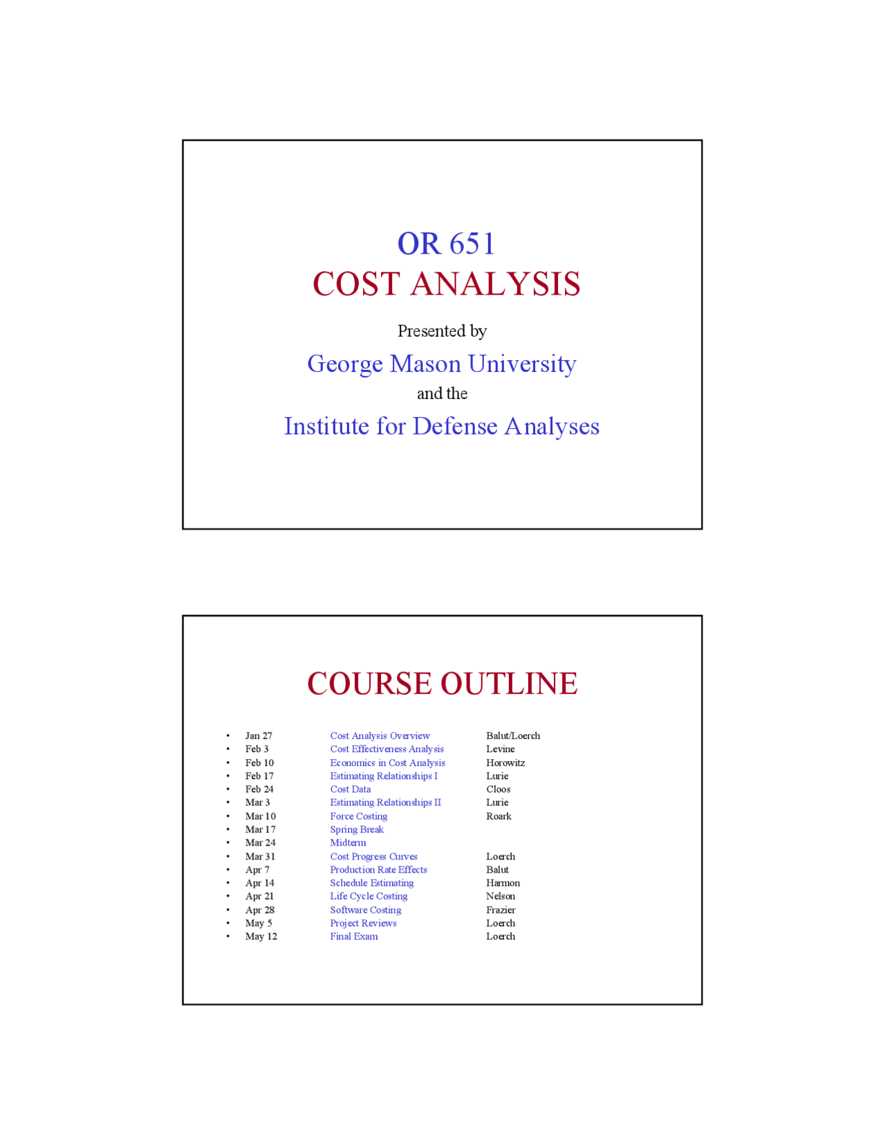 Cost Analysis Lecture Slides Or 651 Docsity