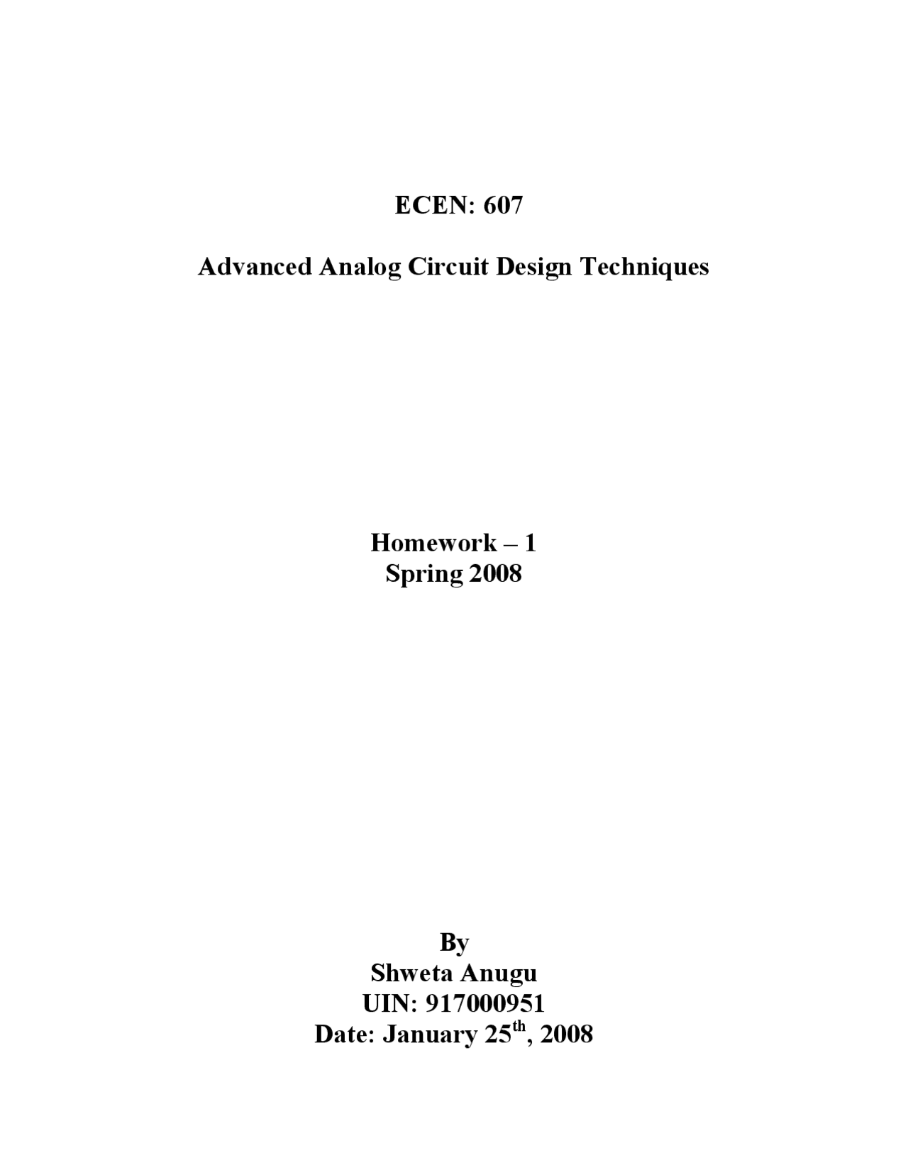Advanced Analog Circuit Technology Assignment 1 Ecen 607 Docsity