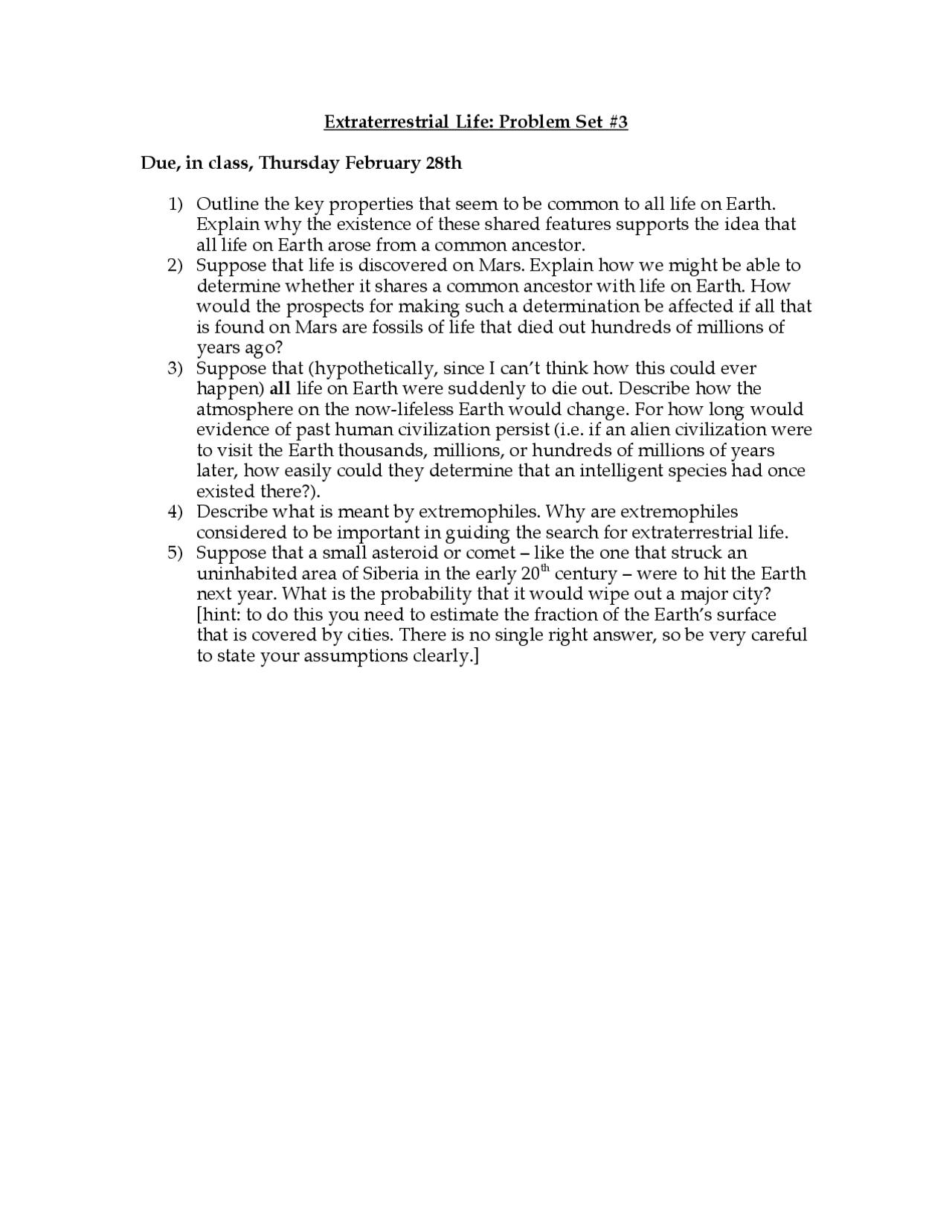 Problem Set 3 Extraterrestrial Life Astr 3300 Docsity