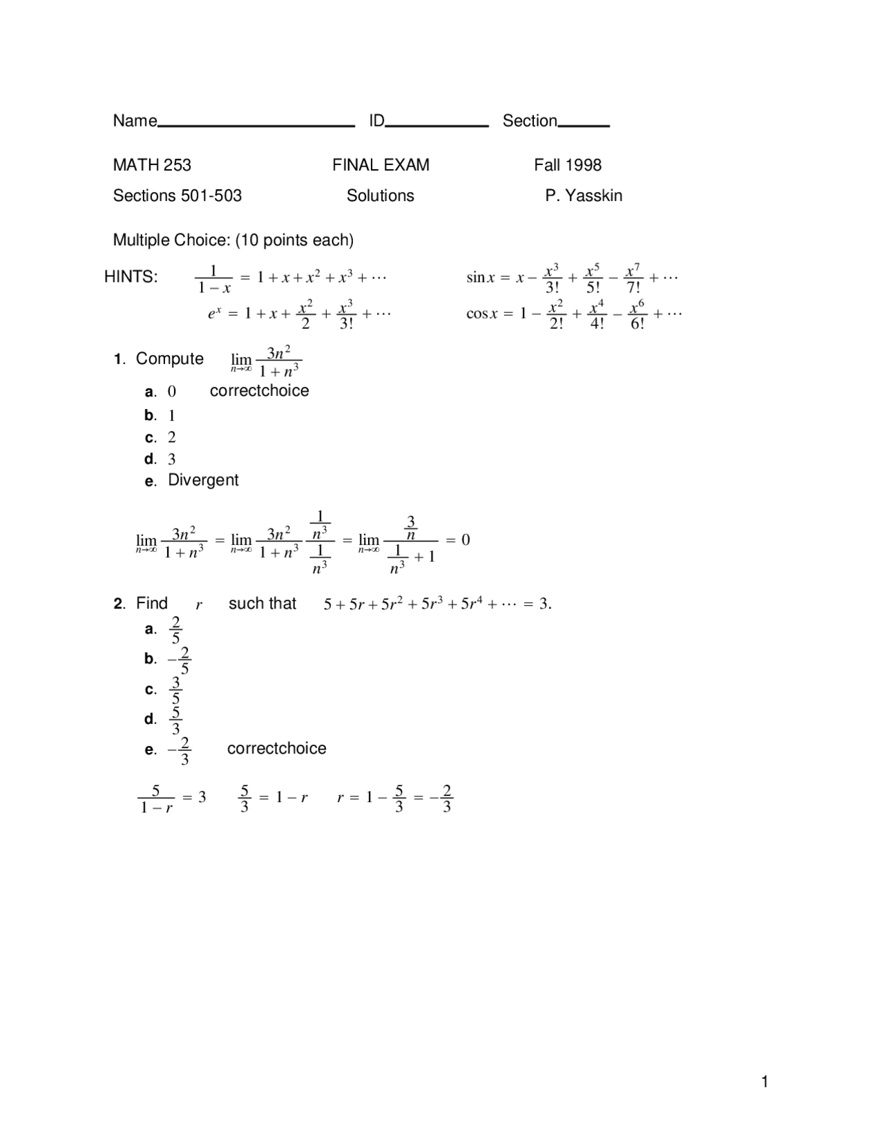 Solutions For Final Exam Honor Engineering Mathematics Iii Math 253