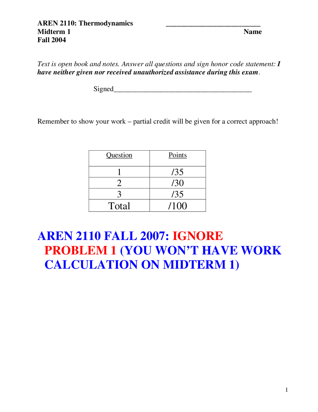 Midterm Exam 1 Questions On Thermodynamics Fall 2004 Aren 2110