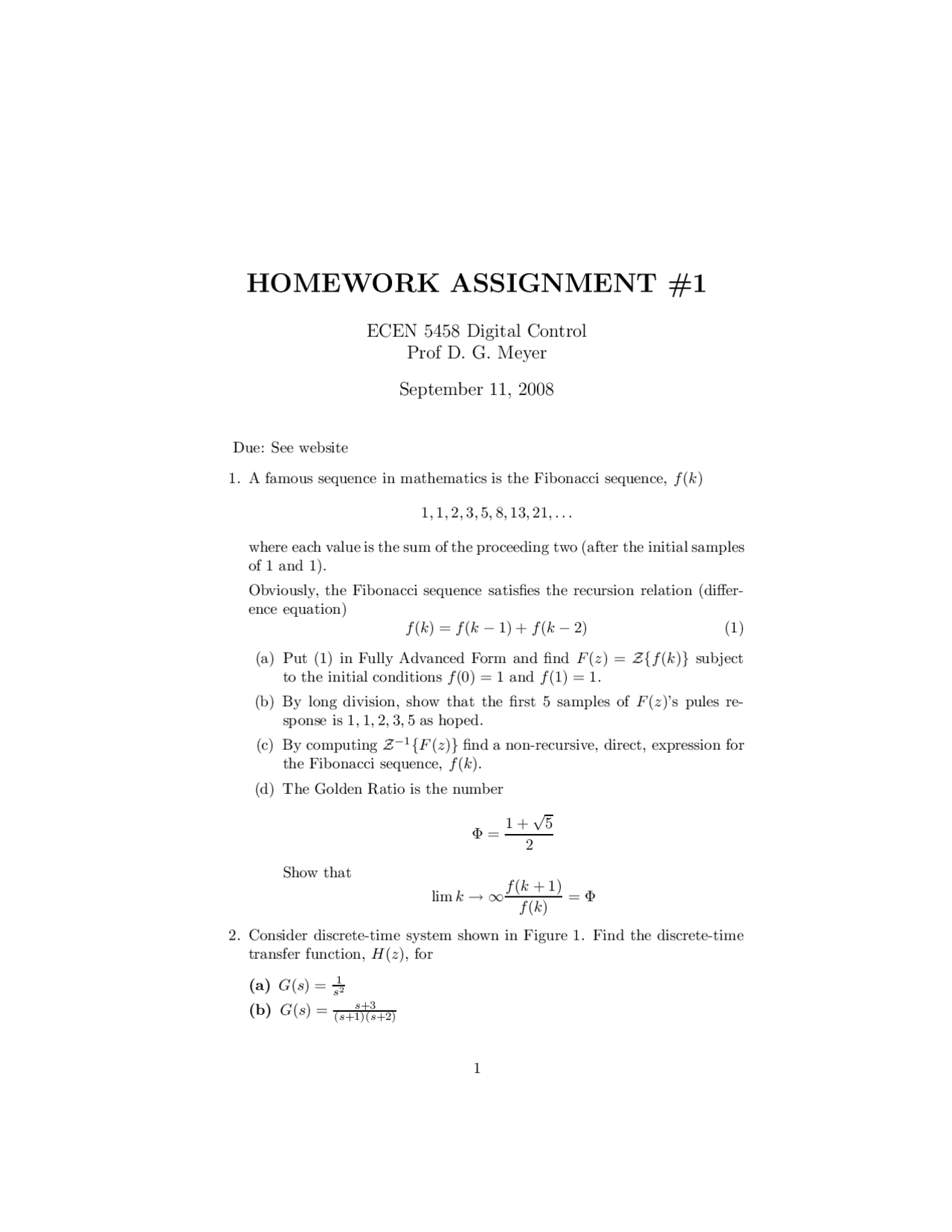 Homework I Questions Sampled Data And Digital Control Systems Ecen