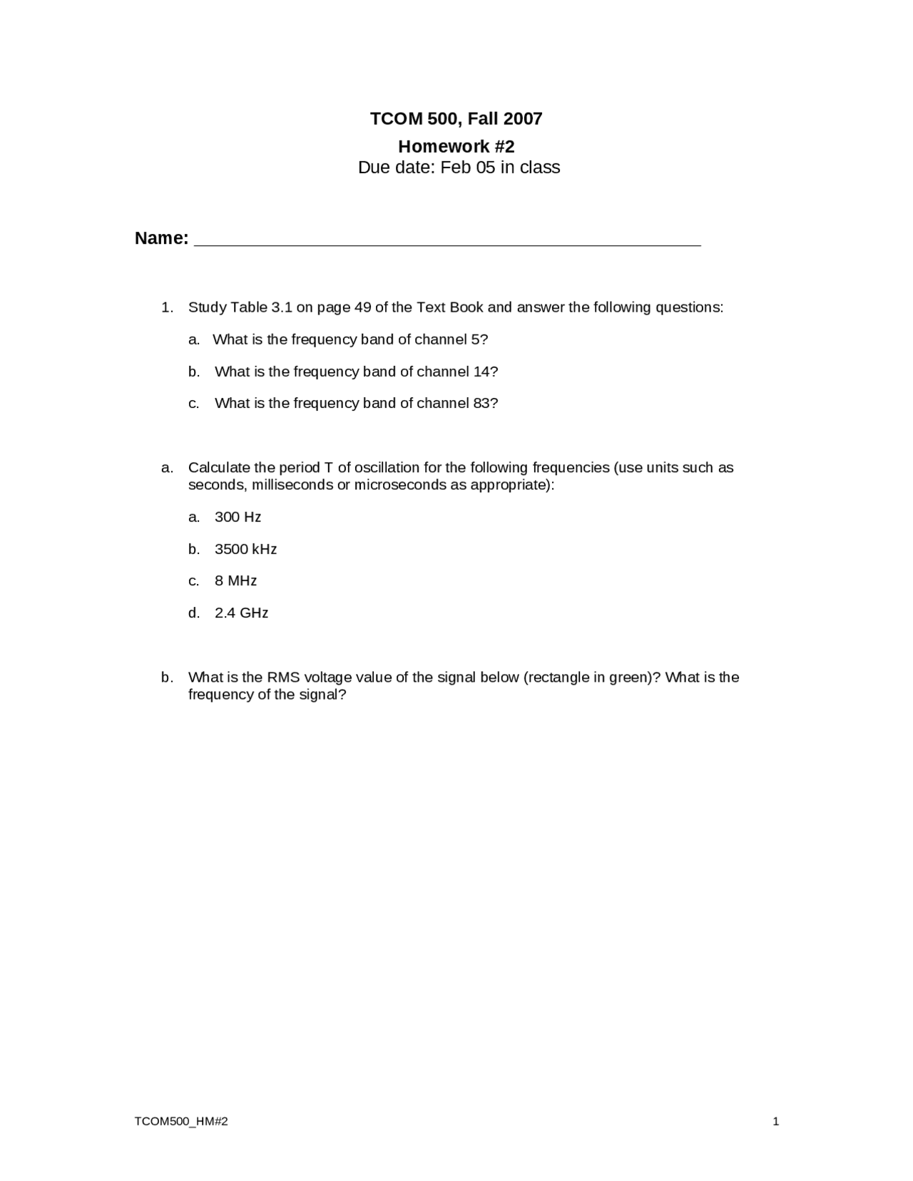 TCOM 500, Fall 2007 Homework Assignment: Telecommunications Concepts | Assignments Communication ...