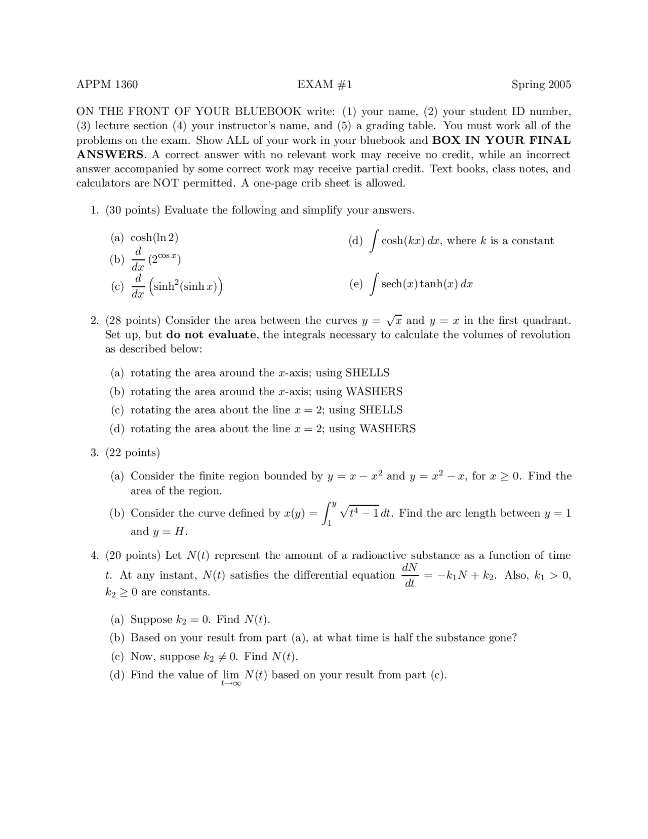 Calculus 1 For Engineers Past Exam 2 Questions Appm 1360 Docsity