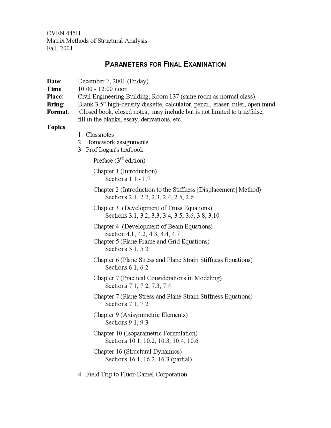 Parameters For Final Exam Matrix Structure Cven 445 Docsity