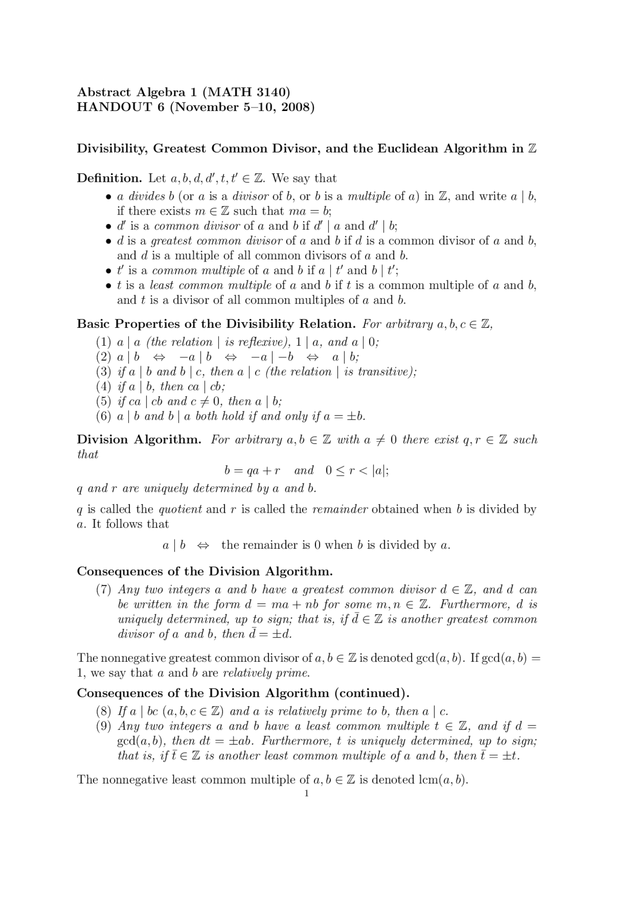 Divisibility, Greatest Common Divisor, and Euclidean Algorithm in Z ...