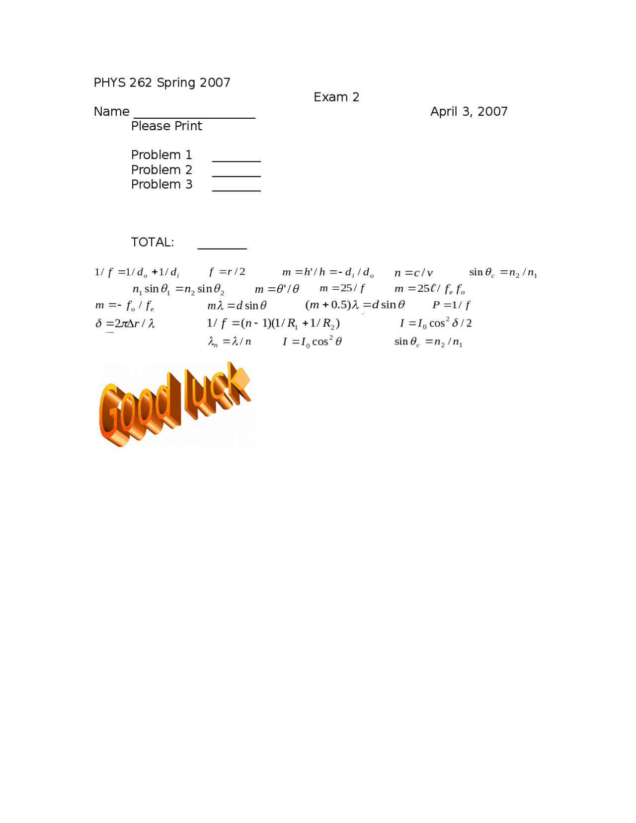 University Physics Iii Old Exam 2007 Phys 262 Docsity