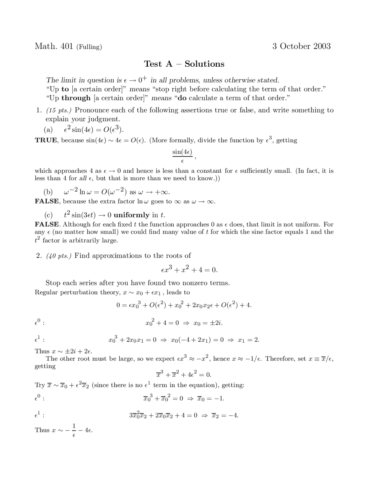 Solutions Test A Advanced Engineering Mathematics Math 401 Docsity