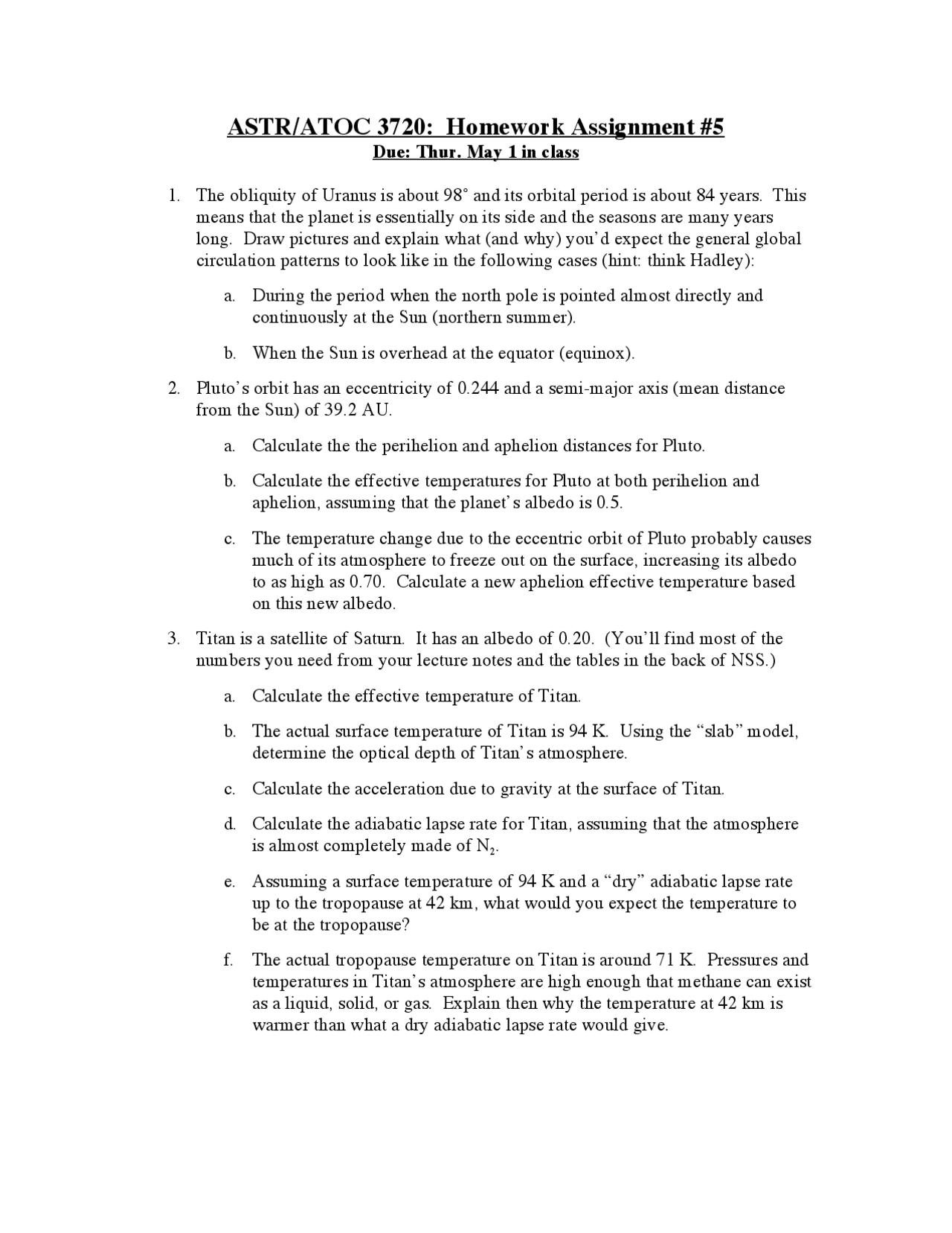 Homework 5 Questions Planets And Their Atmospheres Astr 3720 Docsity