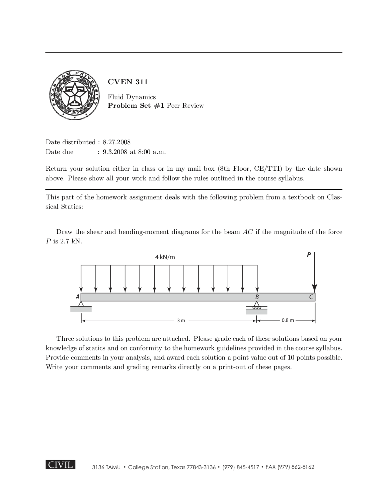 Problem Set 1 Peer Review Fluid Dynamics Cven 311 Docsity