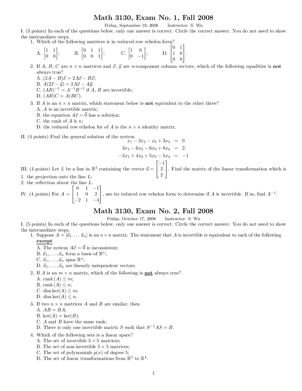 Introduction to Linear Algebra - Exam 1 Practice | MATH 3130 - Docsity