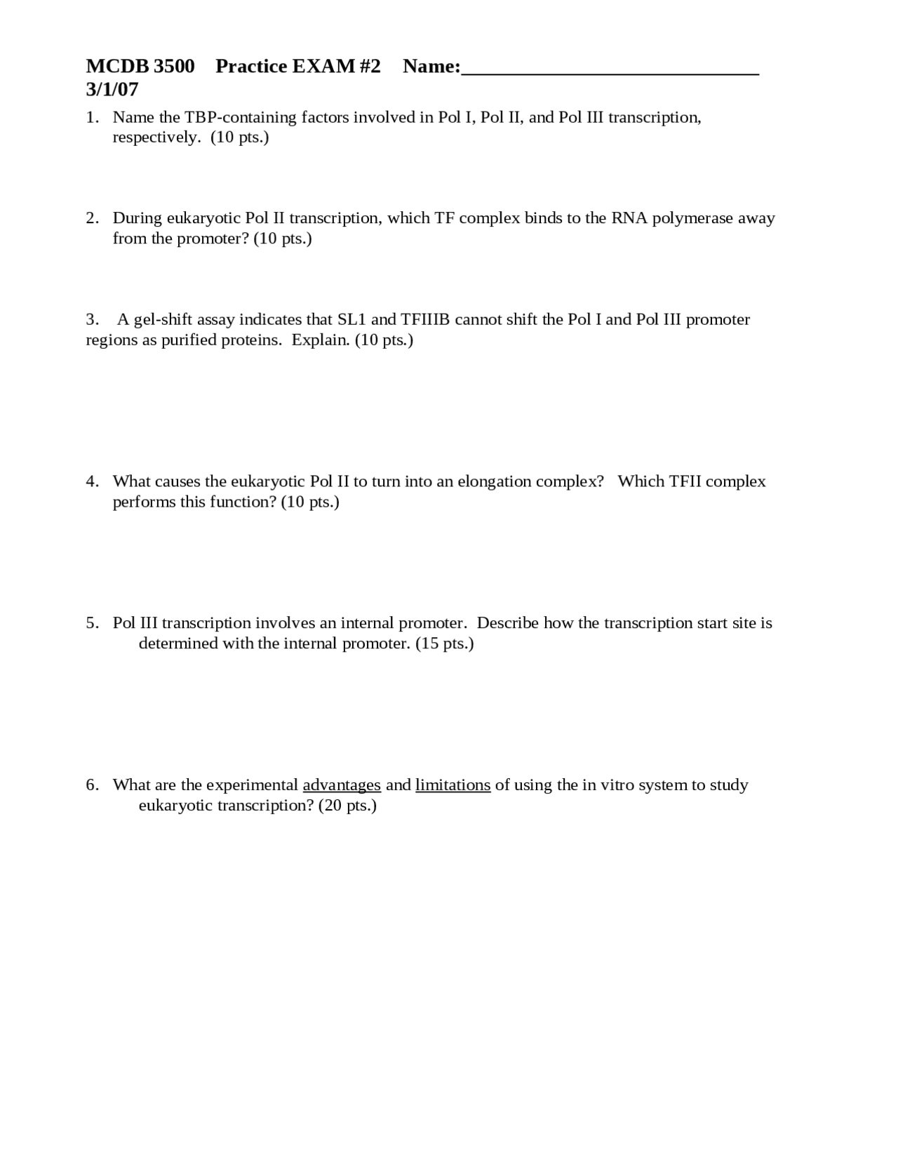 Molecular Biology Practice Exam 2007 Mcdb 3500 Docsity