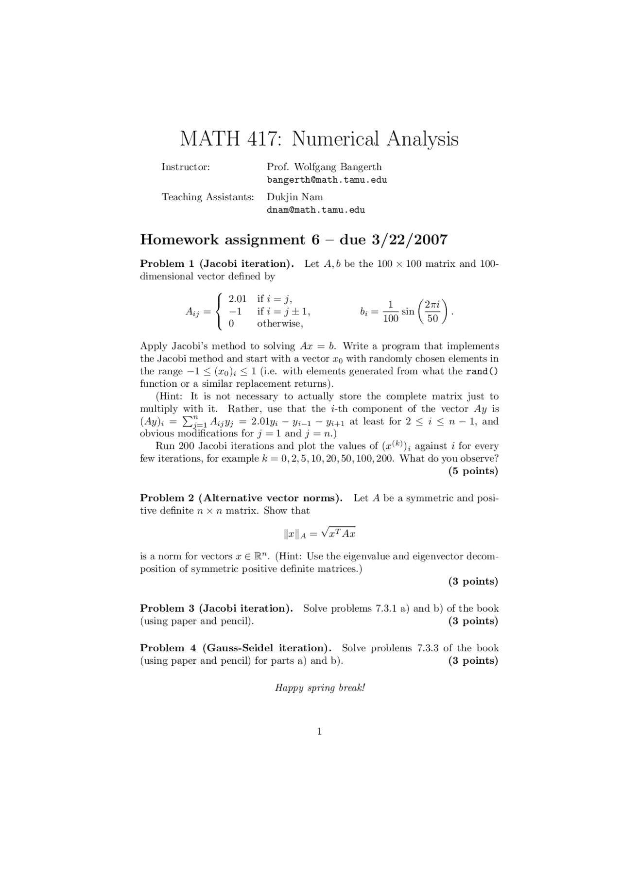 Homework 6 Numerical Methods Math 417 Docsity