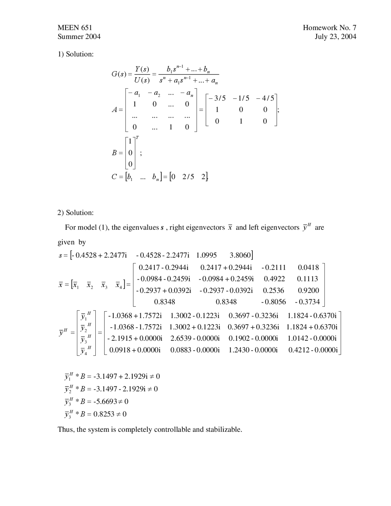 Homework 7 With Solutions Control System Design Meen 651 Docsity