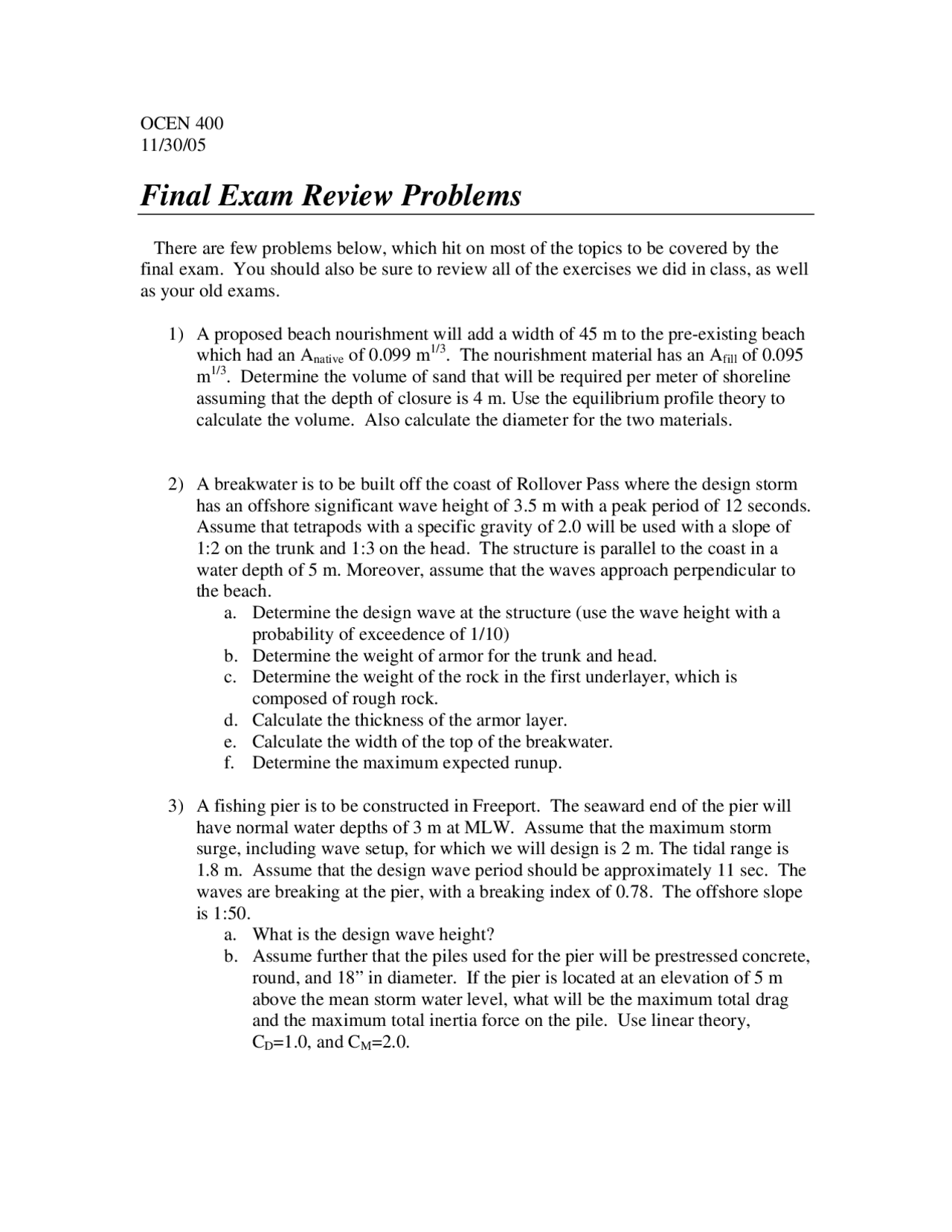 5 Questions Of Basic Coastal Engineering Final Exam Review Problems
