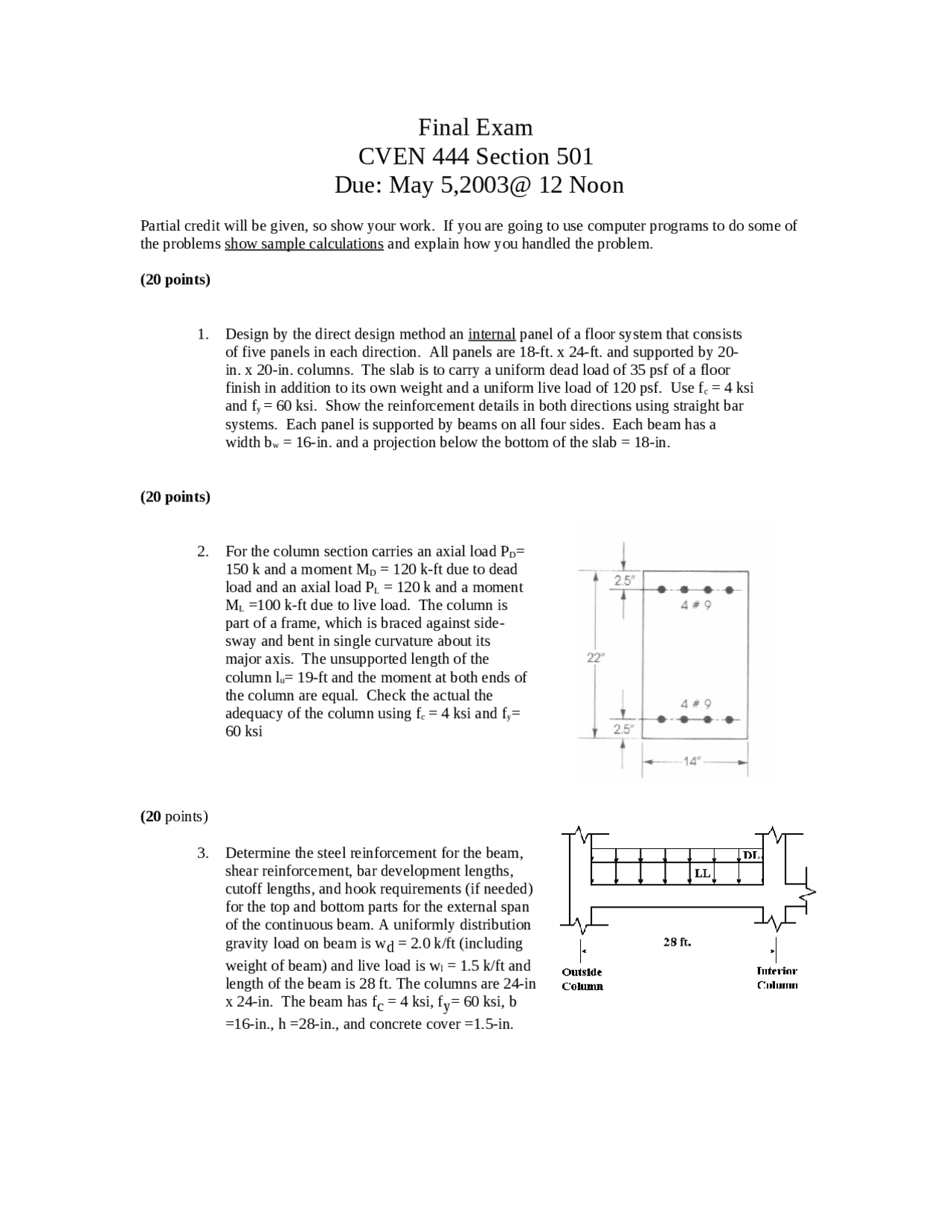 Solutions For Final Exam Structural Concrete Design Cven 444 Docsity