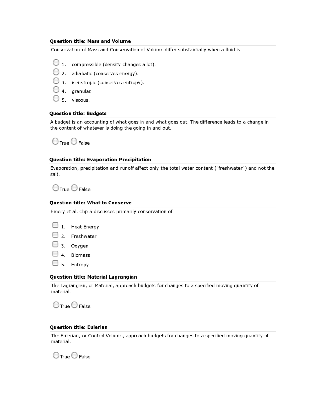 Quiz 2 Mcqs For Introduction To Physical And Chemical Oceanography