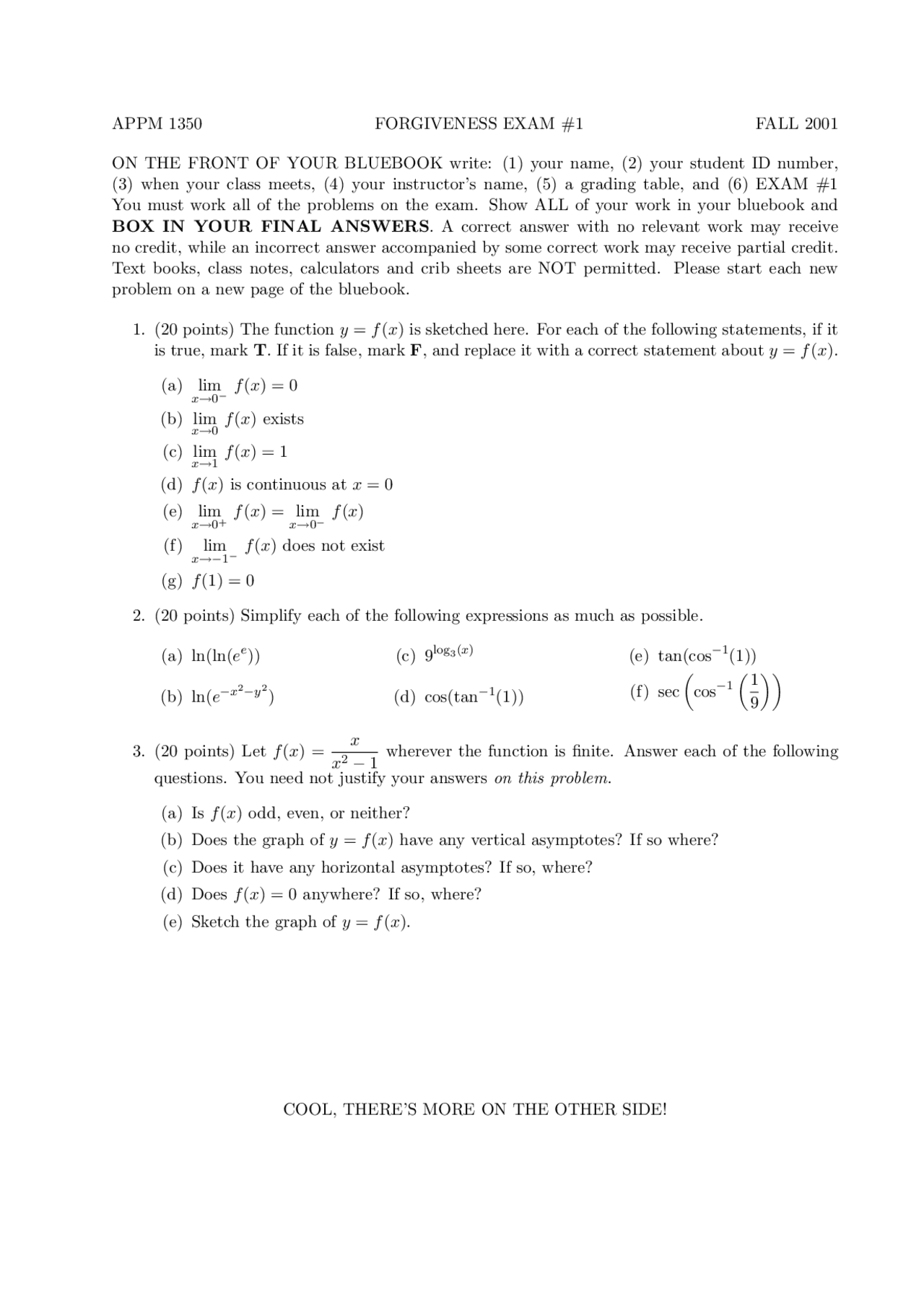 Practice Questions On Calculus 1 For Engineers For Exam 1 Appm 1350
