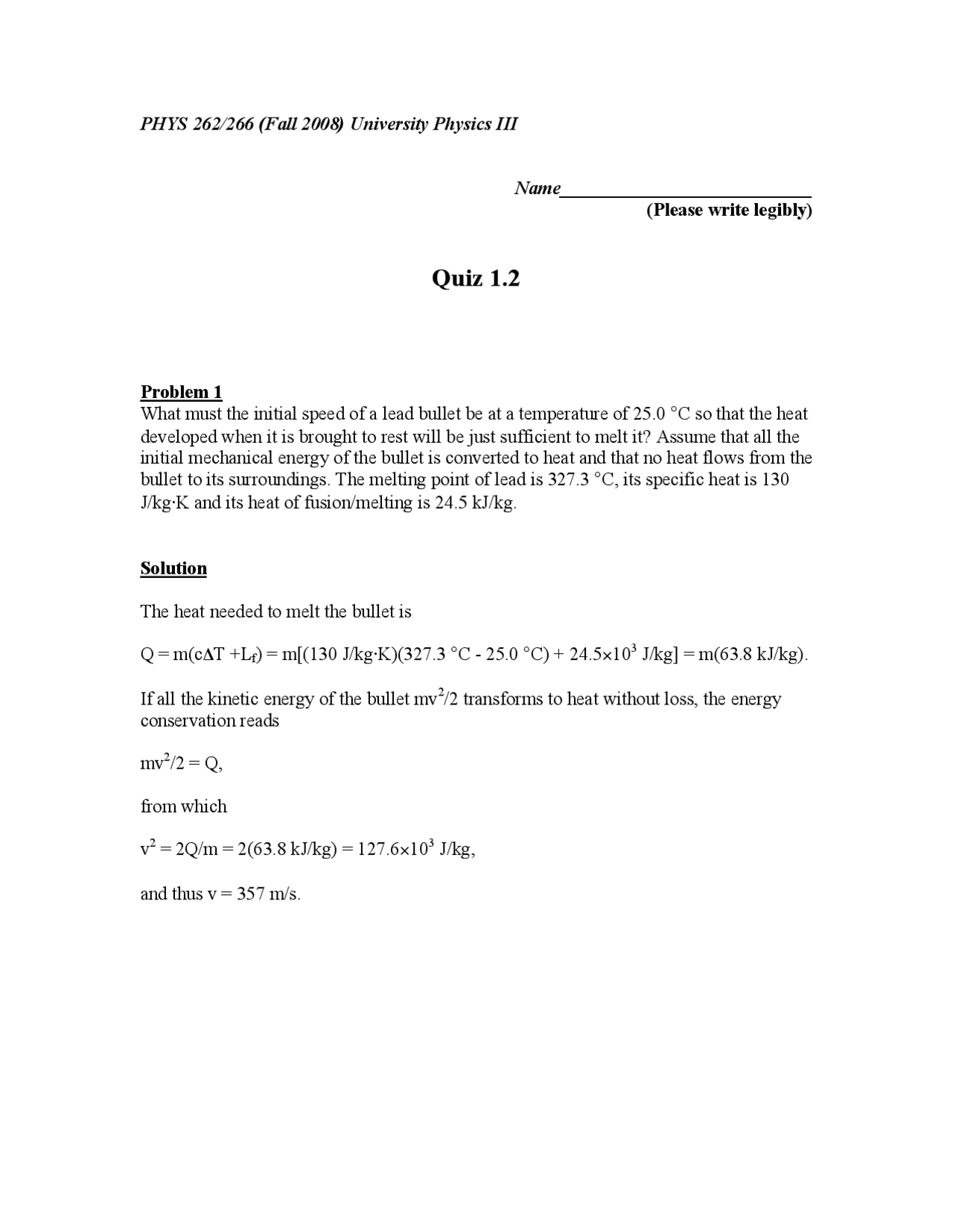 Quiz 1 with Solution to Determine Velocity - University Physics | PHYS 262 - Docsity