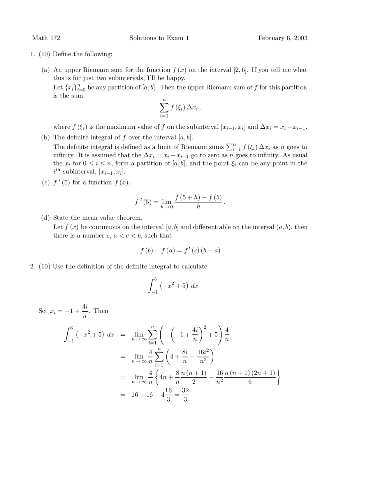 3 Questions With Solutions On Calculus Exam 1 Math 172 Docsity