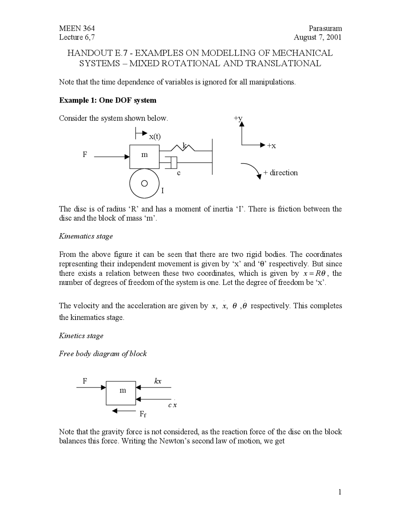 Examples on Modeling of Mechanical Systems - Mixed Rotational and Translational | MEEN 364 - Docsity
