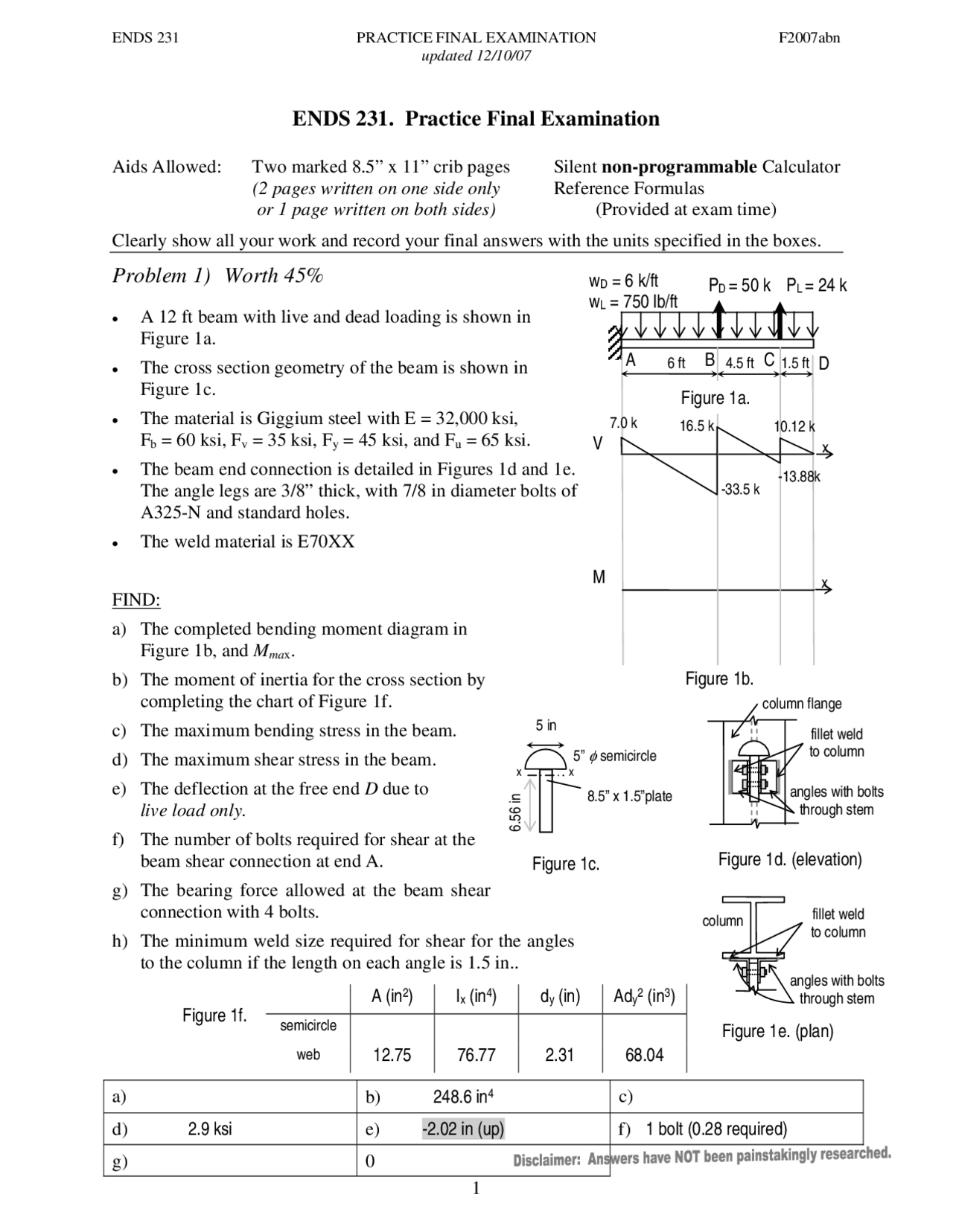 Bending Moment Moment Of Inertia Practice Final Exam Ends 231