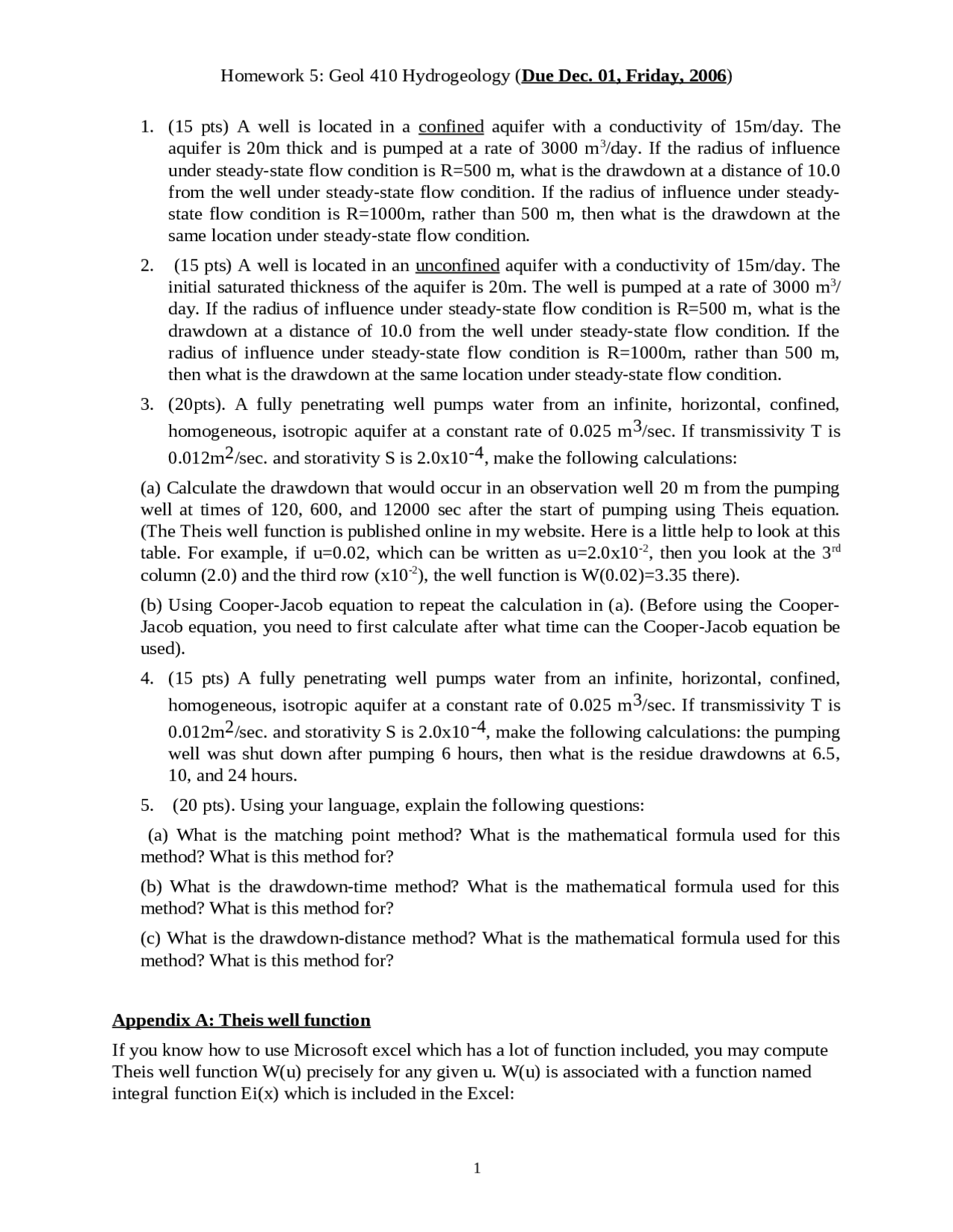 Homework 5 Questions For Hydrogeology 2006 Geol 410 Docsity