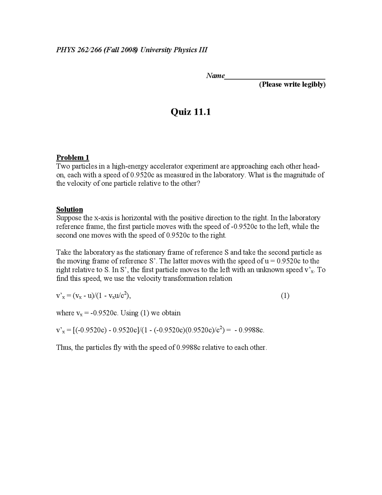 Problem With Solution On Velocity Of Particle Quiz 11 Phys 262