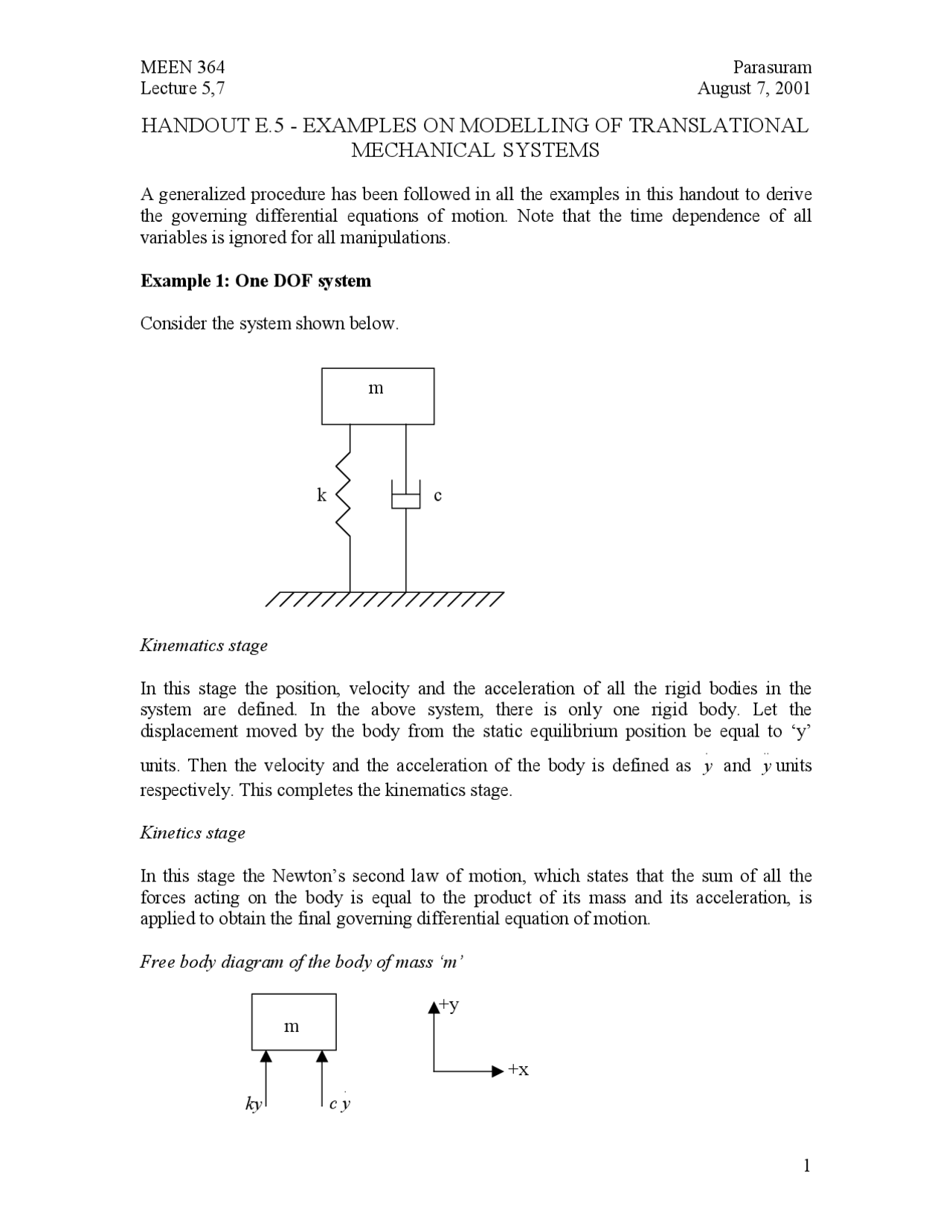 Examples on Modeling of Translational Mechanical System | MEEN 364 - Docsity