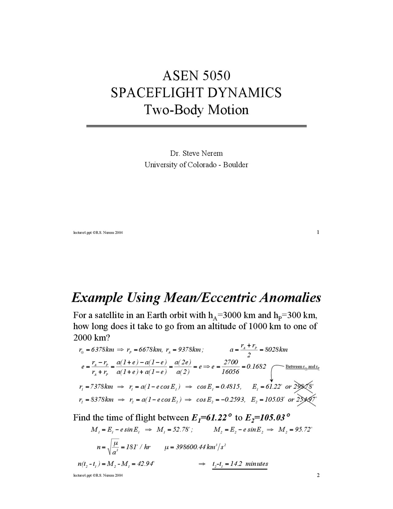 Space Flight Dynamics Two Body Motion Notes Asen 5050 Docsity