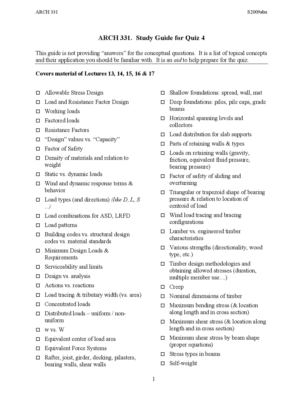 Introduction to Architectural Structures - Study Guide for Quiz | ARCH 331 - Docsity