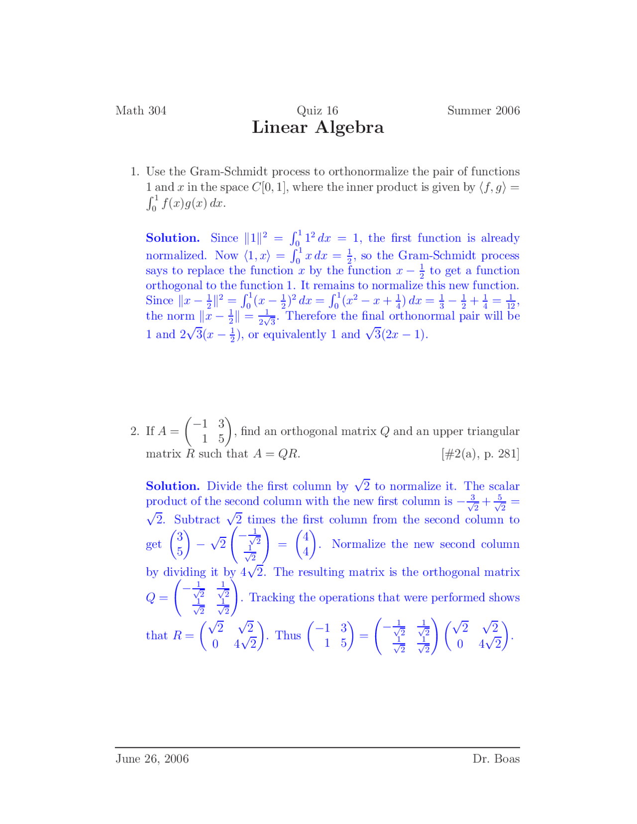 2 Questions With Solutions Of Linear Algebra Quiz 16 Math 304 Docsity