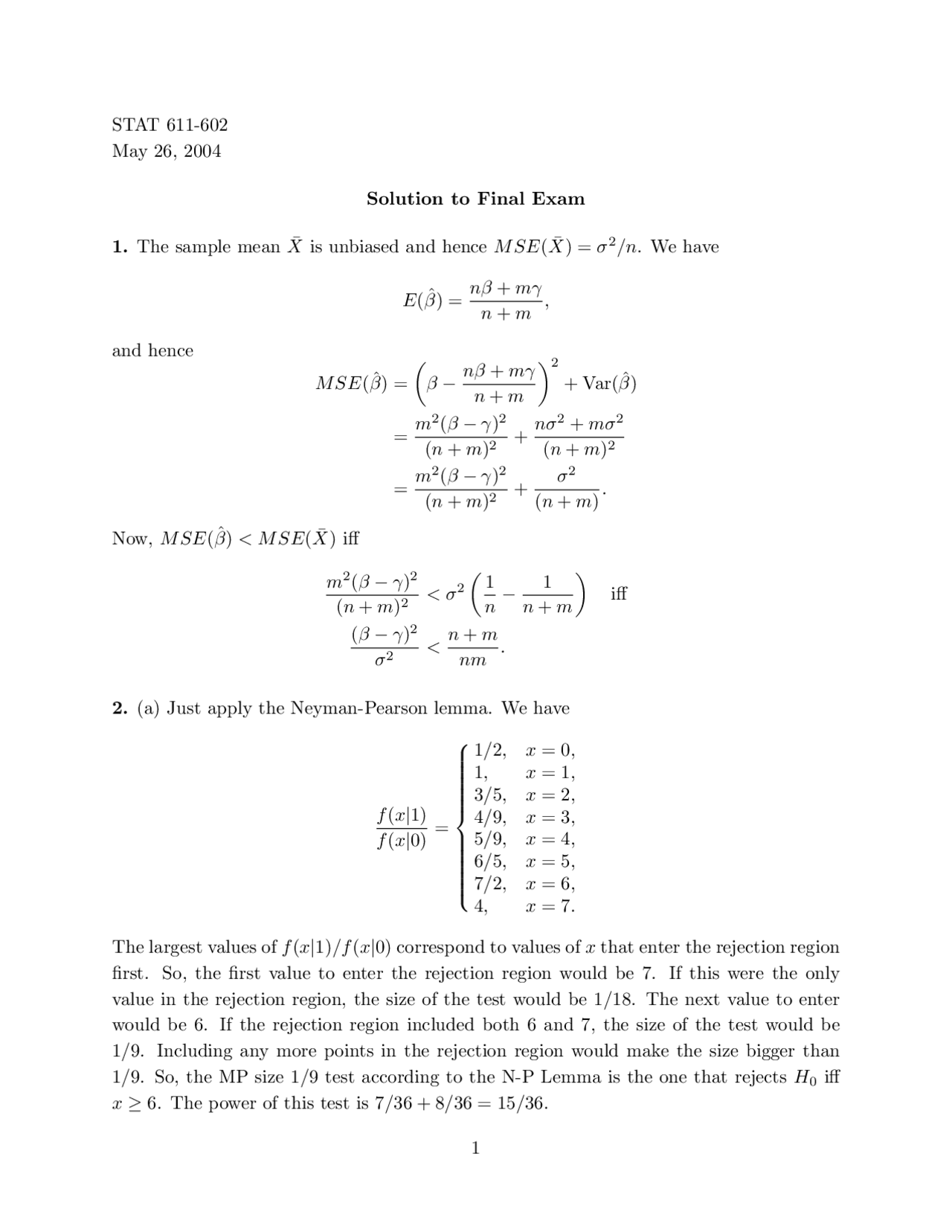 Solution To Final Exam Theory Of Inference Stat 611 Docsity