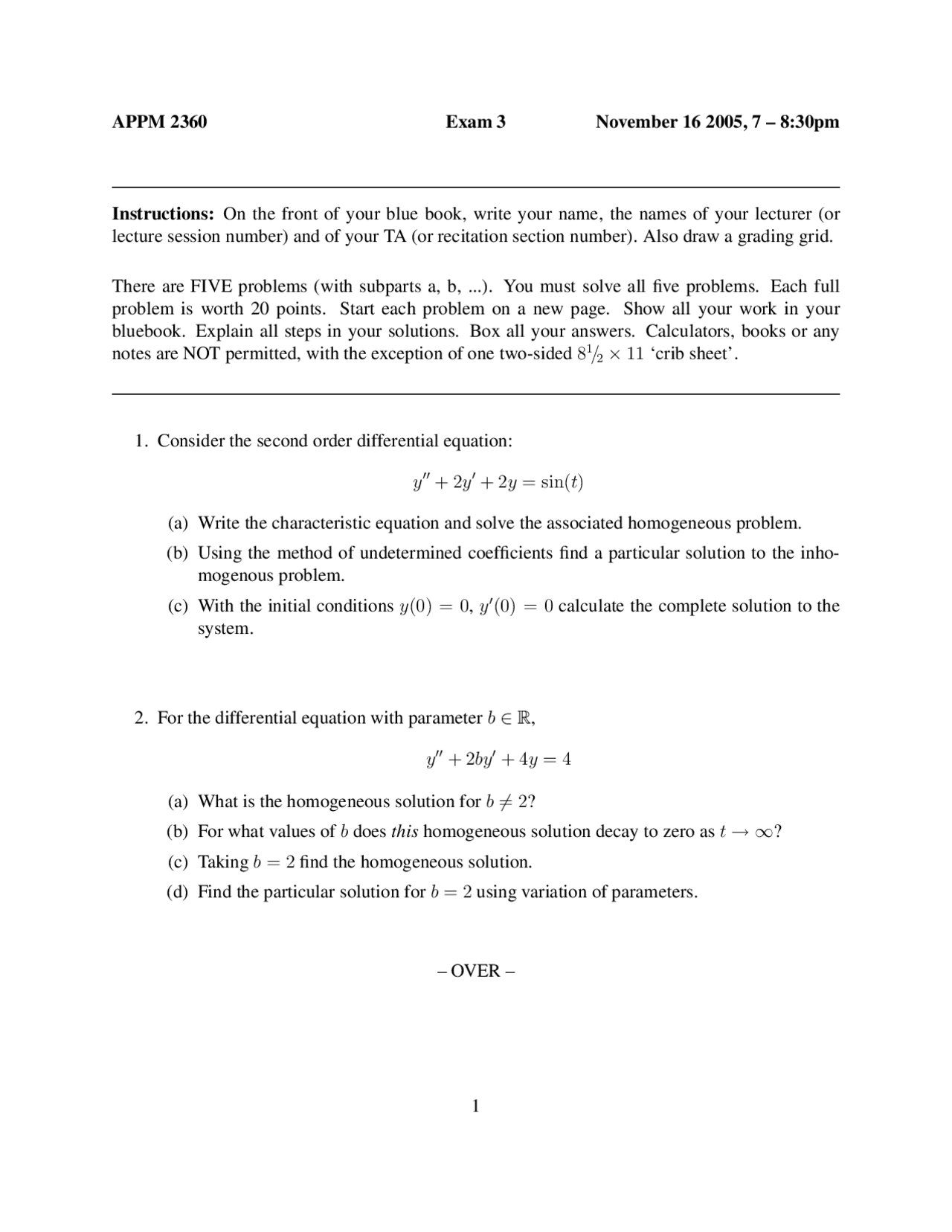 Exam 3 in APPM 2360: Differential Equations and Complex Analysis ...