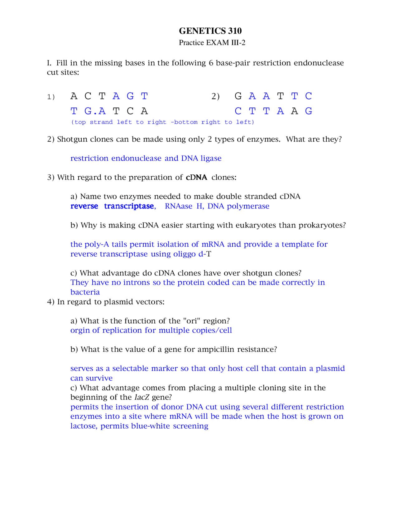 Practice Exam 3 With Solution Of Genetics Principles Of Heredity