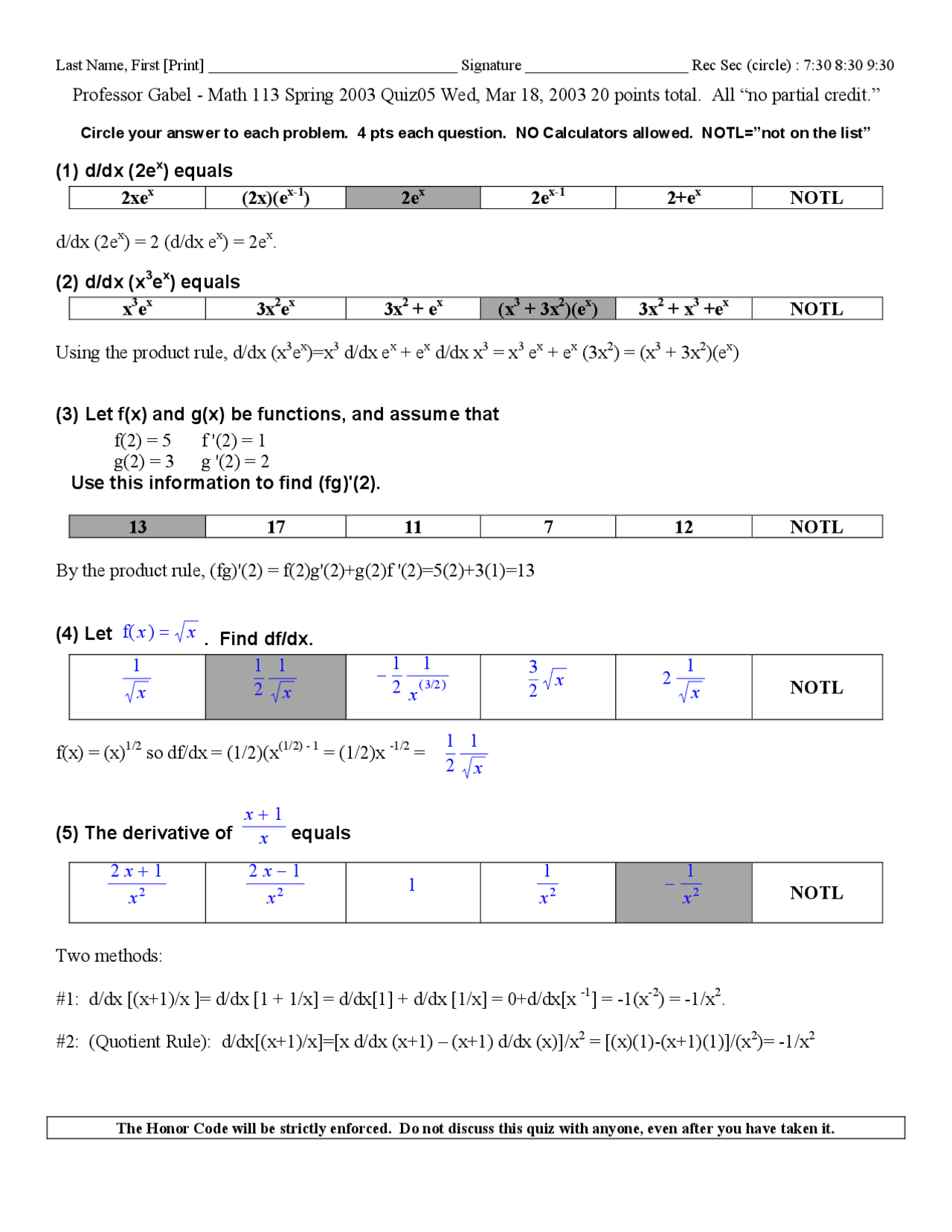 Analytic Geometry And Calculus I Quiz 5 Questions Math 113 Docsity