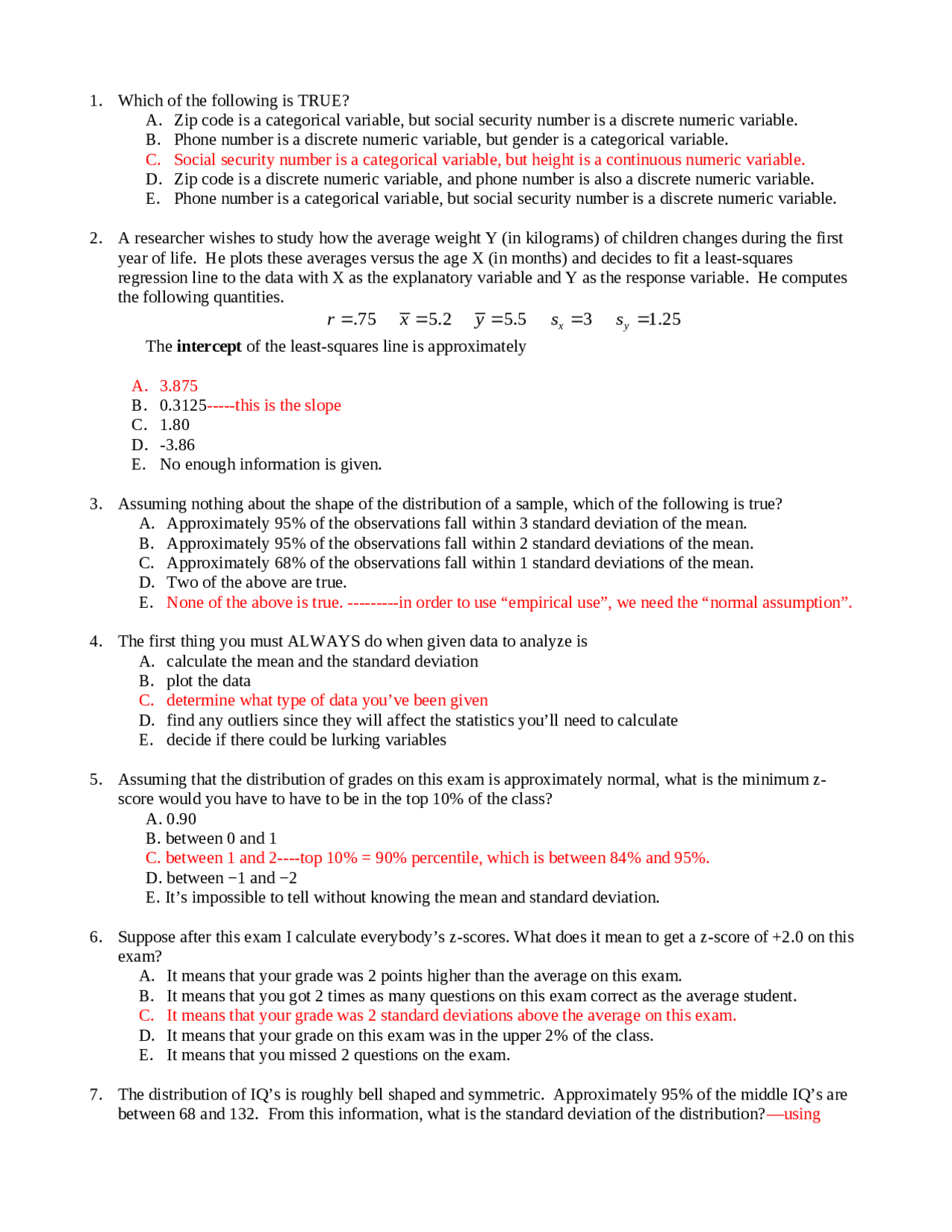 Multiple Choice Questions Of Statistical Methods Exam 1 Stat 303 Docsity