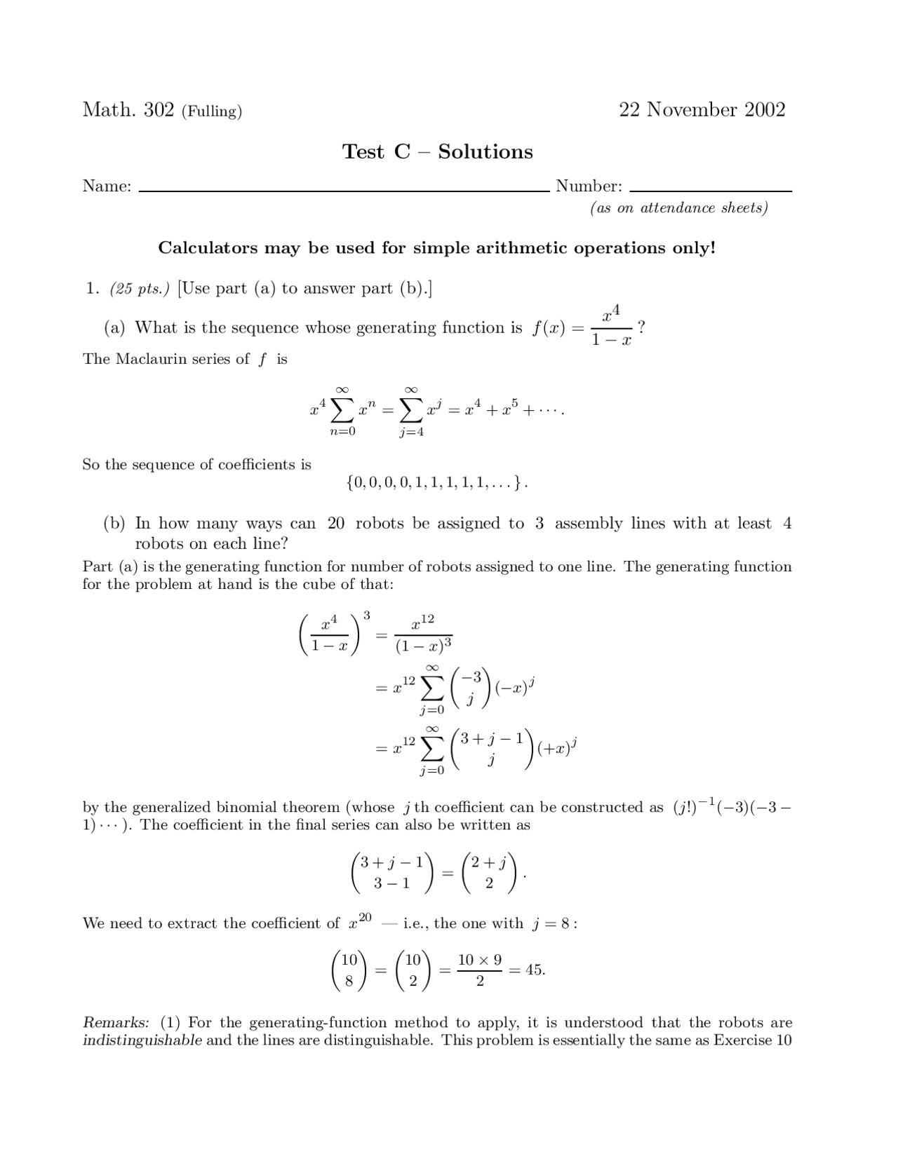 Test C Solutions - Discrete Mathematics - Fall 2002 | MATH 302 - Docsity