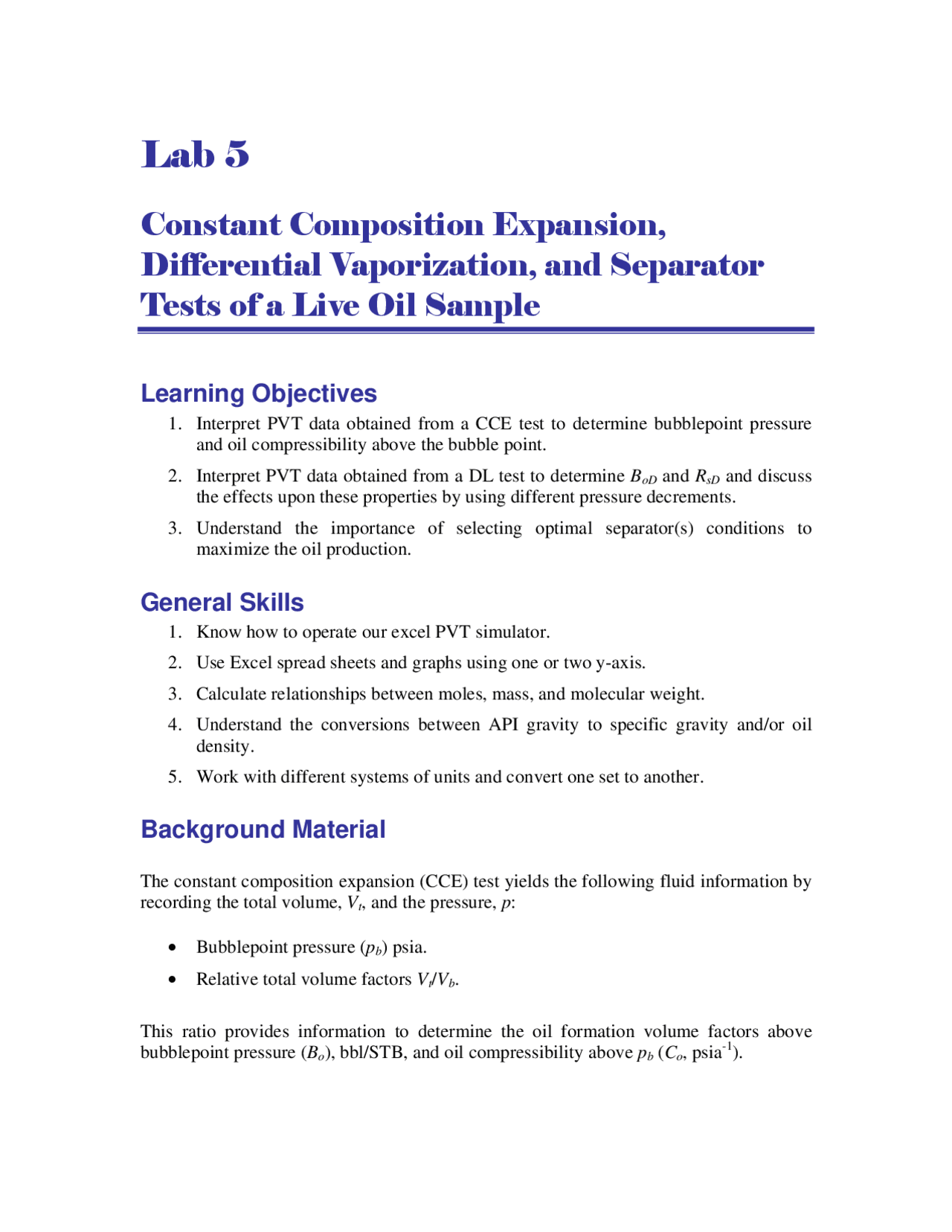 Constant Composition Expansion, Differential Vaporization - Lab 5 ...