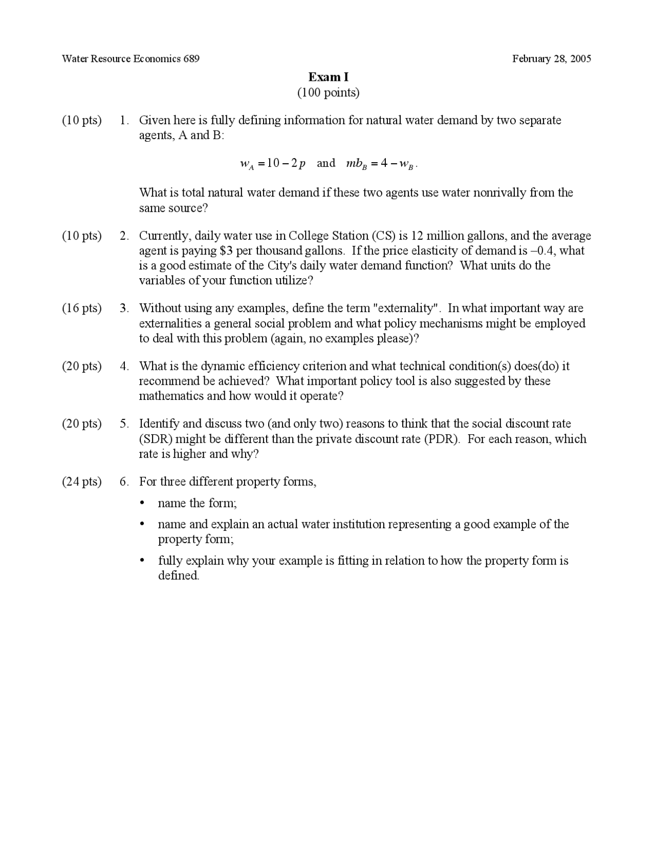 Water Resource Economics Exam 1 Agec 606 Docsity