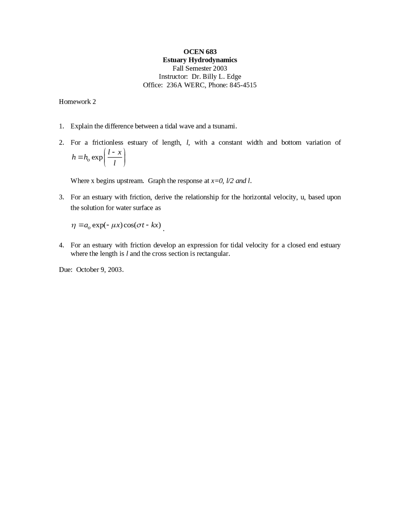 Homework 2 Estuarine Hydrodynamics Ocen 683 Docsity