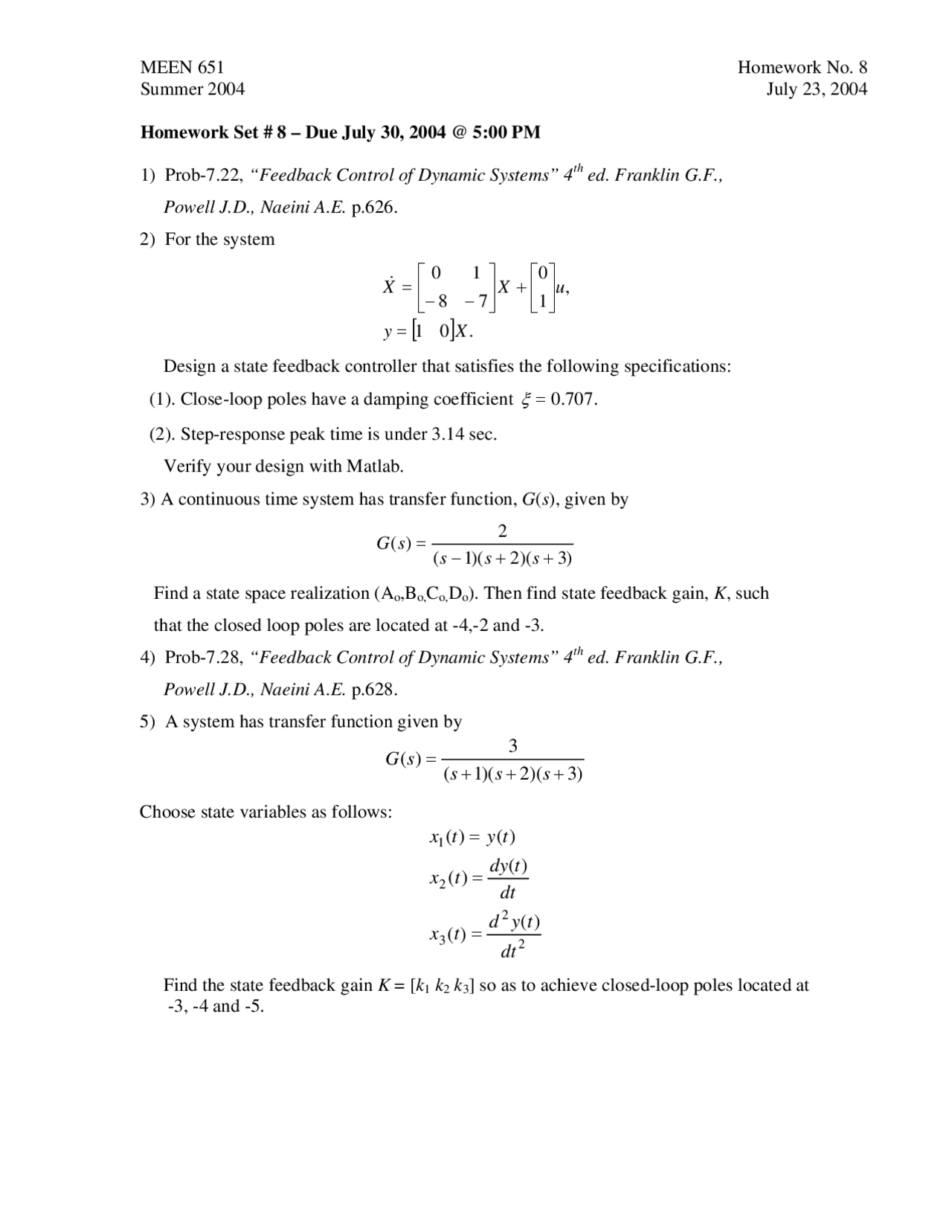 Homework Set 8 Control System Design Meen 651 Docsity