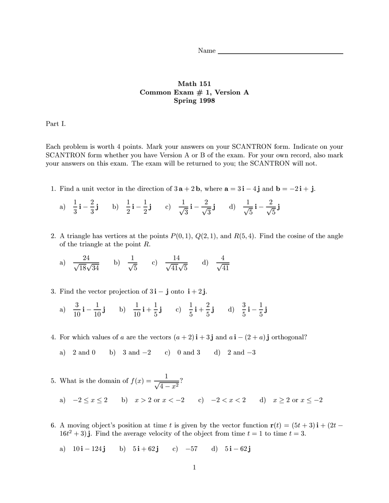 19 Problems on Engineering Math l - Exam 1 | MATH 151 - Docsity